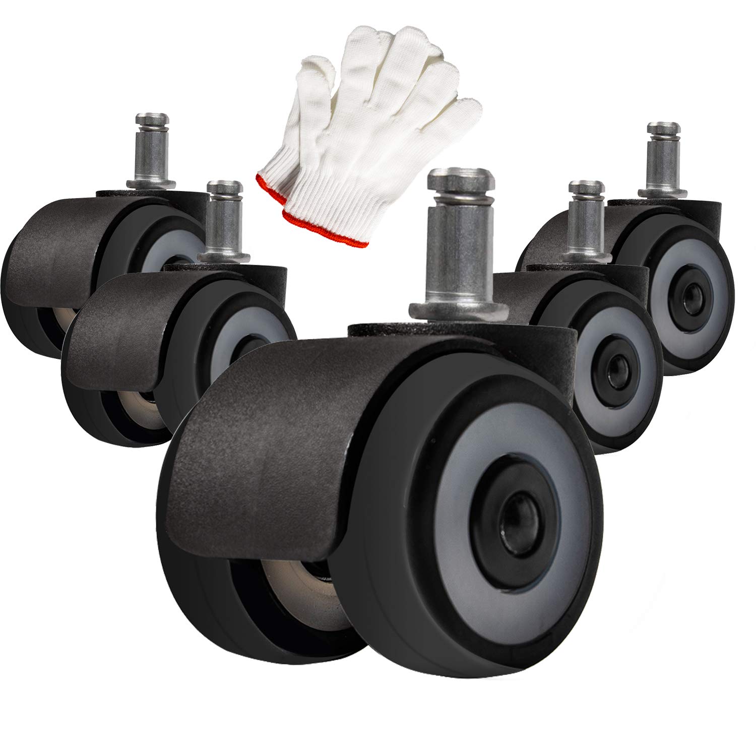 Office Chair Caster Wheels Replacement 2 Inch Heavy Duty 650LBs Computer Gaming Desk Dual Rubber Chair Wheels, Set of 5, Safe for All Floors - Universal Stem 7/16"X 7/8", Smooth & Silent