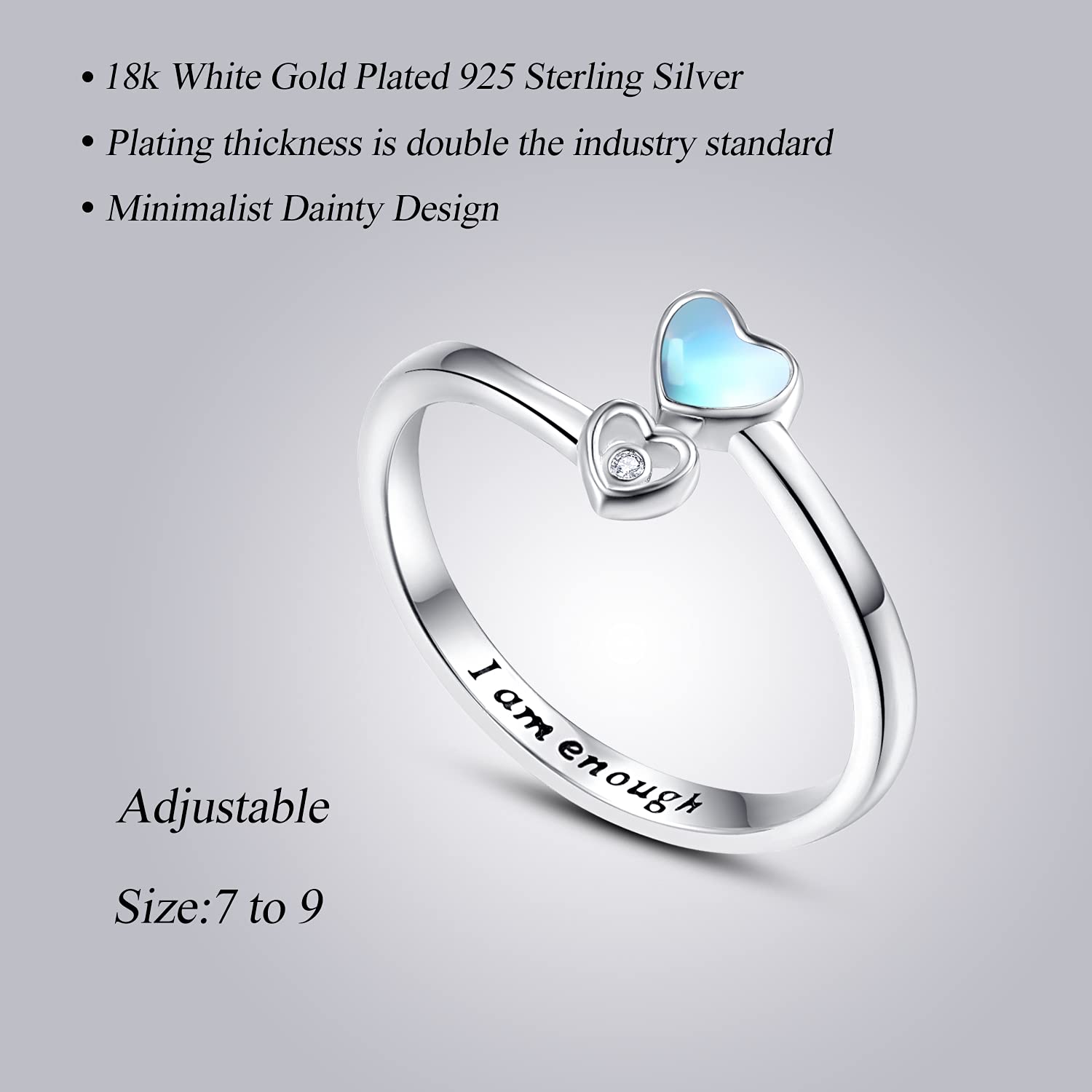 PRAYMOS Moonstone Rings for Women 925 Sterling Silver Adjustable Wrap Open Ring I am Enough Rings Inspirational Jewelry Gift