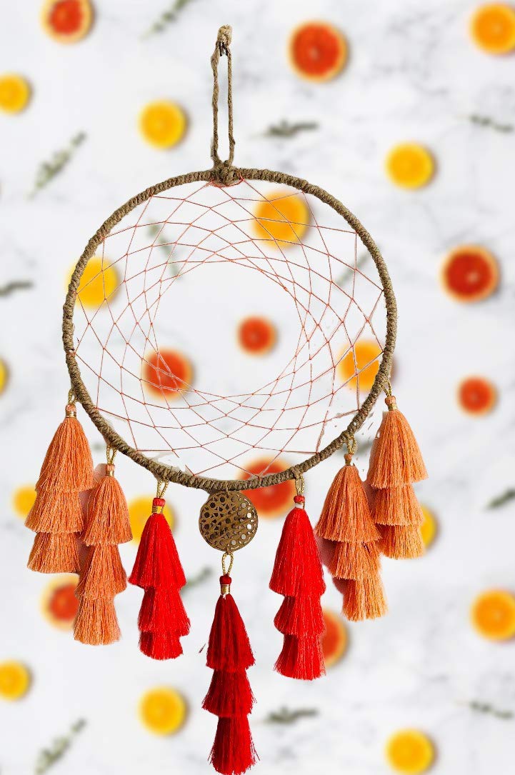 Now Is Now Boho Fall Autumn Rustic Urban Vibrant Wall Decor Amber Tassels Web Dream Catcher Hanging Height 23.6 in (60 cms),