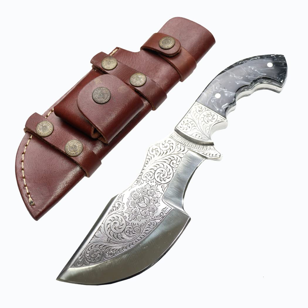 THE BONE EDGE 11" Custom Hand Made Engraved Blade Black Resin Handle Tracker Hunting knife With Sheath