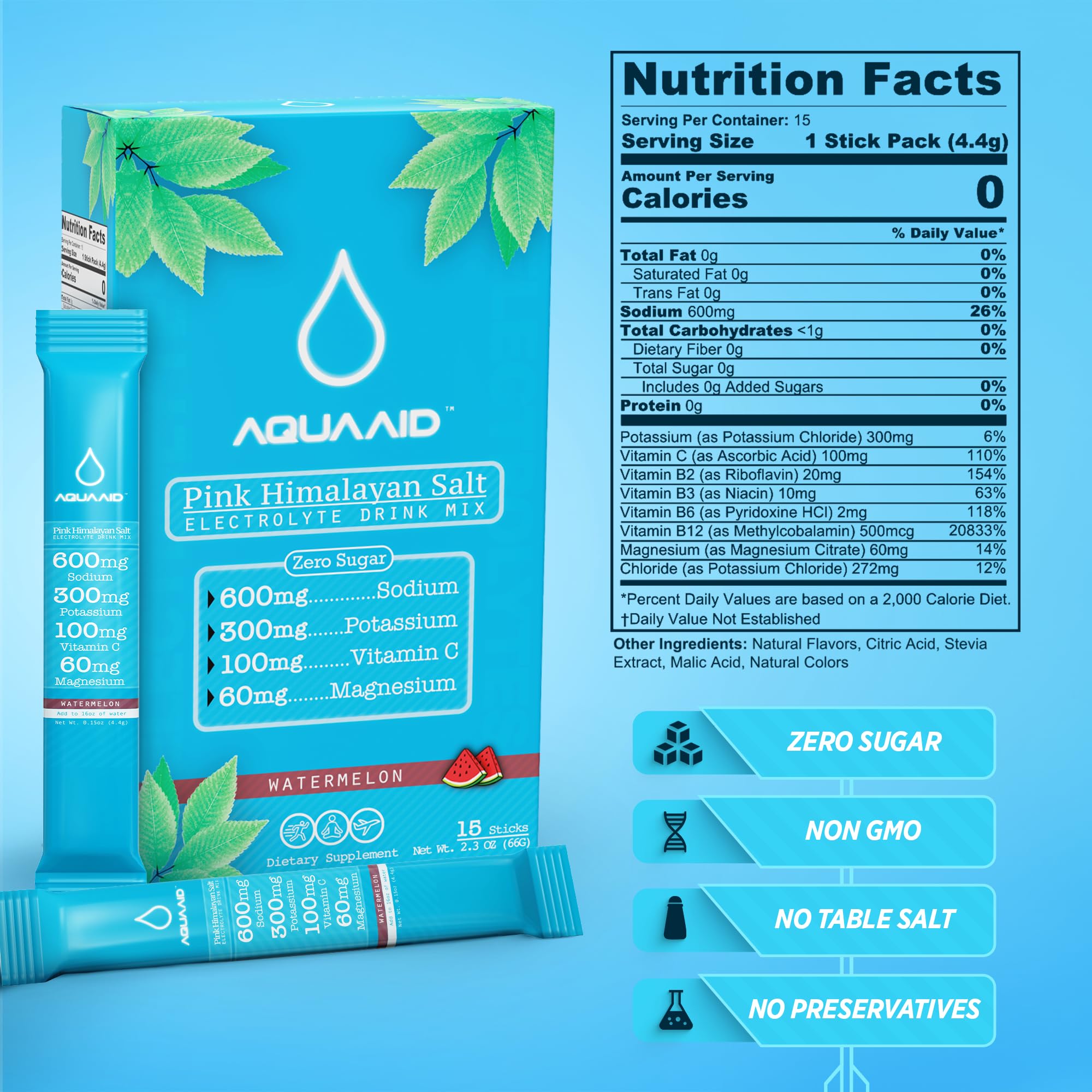 Paleo Electrolytes Powder Packets Sugar Free | Himalayan Pink Salt 84+ Trace Minerals & Element + Potassium + Vitamin C + Magnesium | Prime Travel Hydration Essentials | Watermelon Candy 15 IV Sticks