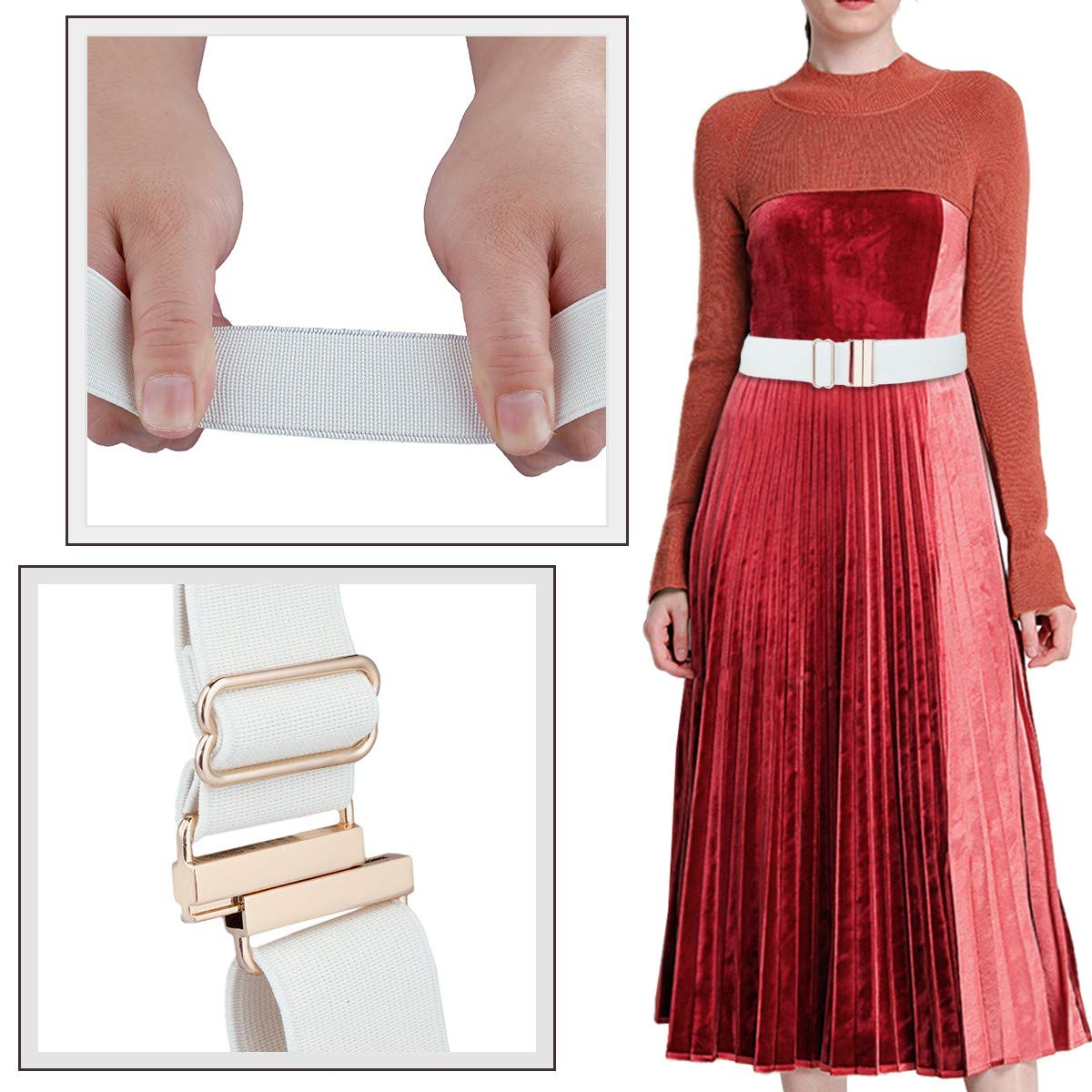 Samtree Adjustable Stretch Elastic Belt for Women, Lightweight No Show Flat Buckle Cinch Waist Belt for Jeans Dresses, White