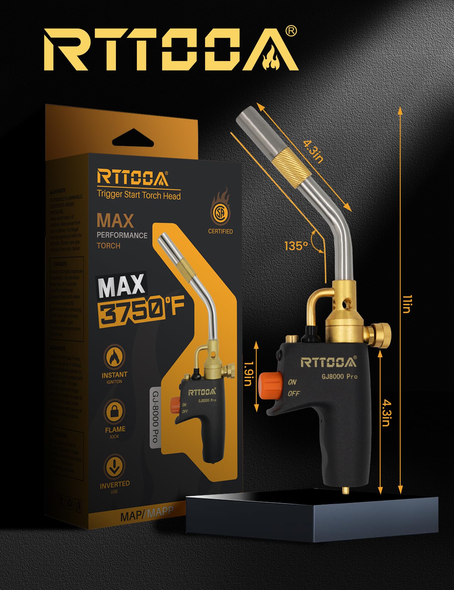 RTTOOA High Intensity Adjustable Propane Torch Head, GJ-8000 Trigger Start Mapp Gas Torch Map Gas Torch Kit with Self Ignition,Pencil Flame Welding Torch Fuel by MAPP, MAP/PRO(CSA Certified)