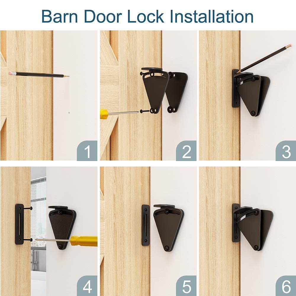 WINSOON 5FT Single Wood Sliding Barn Door Hardware Basic Black Big Spoke Wheel Roller Flat Track Kit with Barn Door Lock Hardware Black Steel Sliding Privacy Latch
