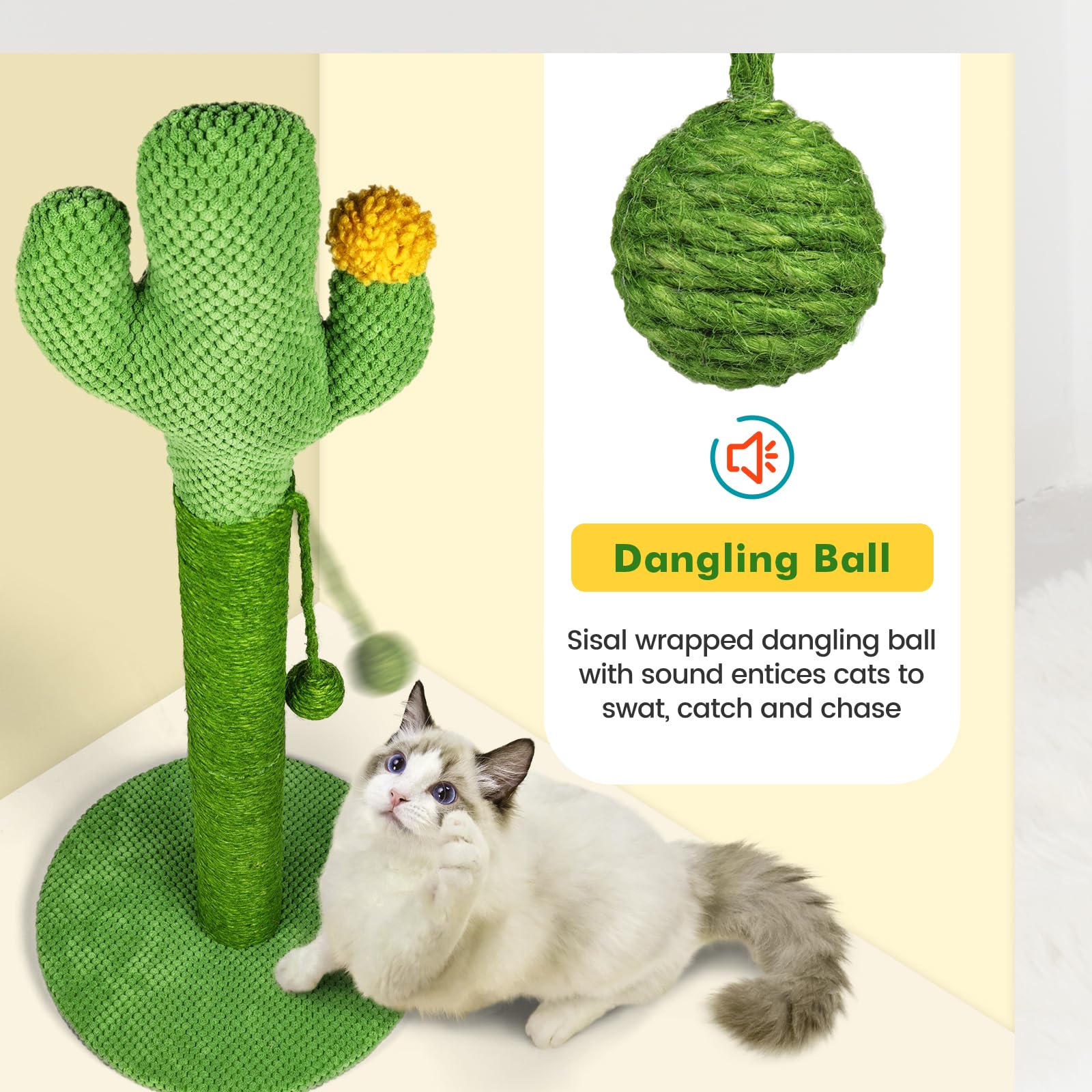 Mora Pets Cat Scratching Post Sisal Cat Scratcher for Large Cats 33 Inch Tall Scratch Post with Dangling Ball Cactus Cat Post for Indoor Kittens