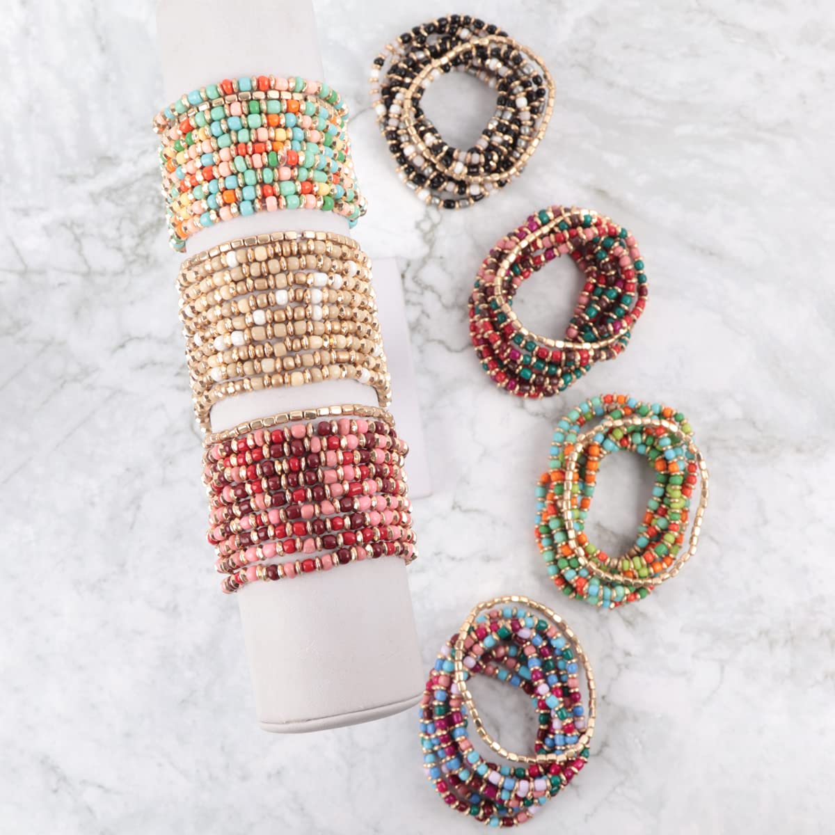RIAH FASHION Bohemian Multi-Layer Beaded Pendant Statement Stretch Strand Bracelet - Sparkly Bead Tassel Pom Pom Star Charm Stack Cuff Bangles (Boho Indian Beaded Multi Bracelets - Bali Gold Multi)