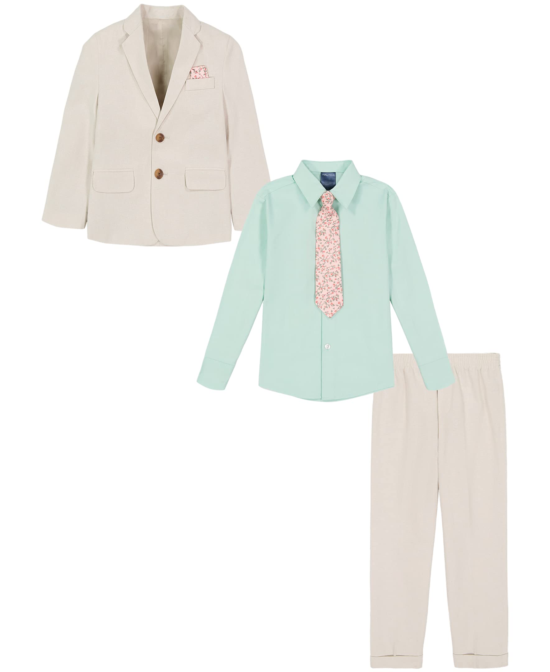 Nautica Boys' 4-Piece Suit Set with Dress Shirt, Tie, Jacket, and Pants, Silvered Birch Linen
