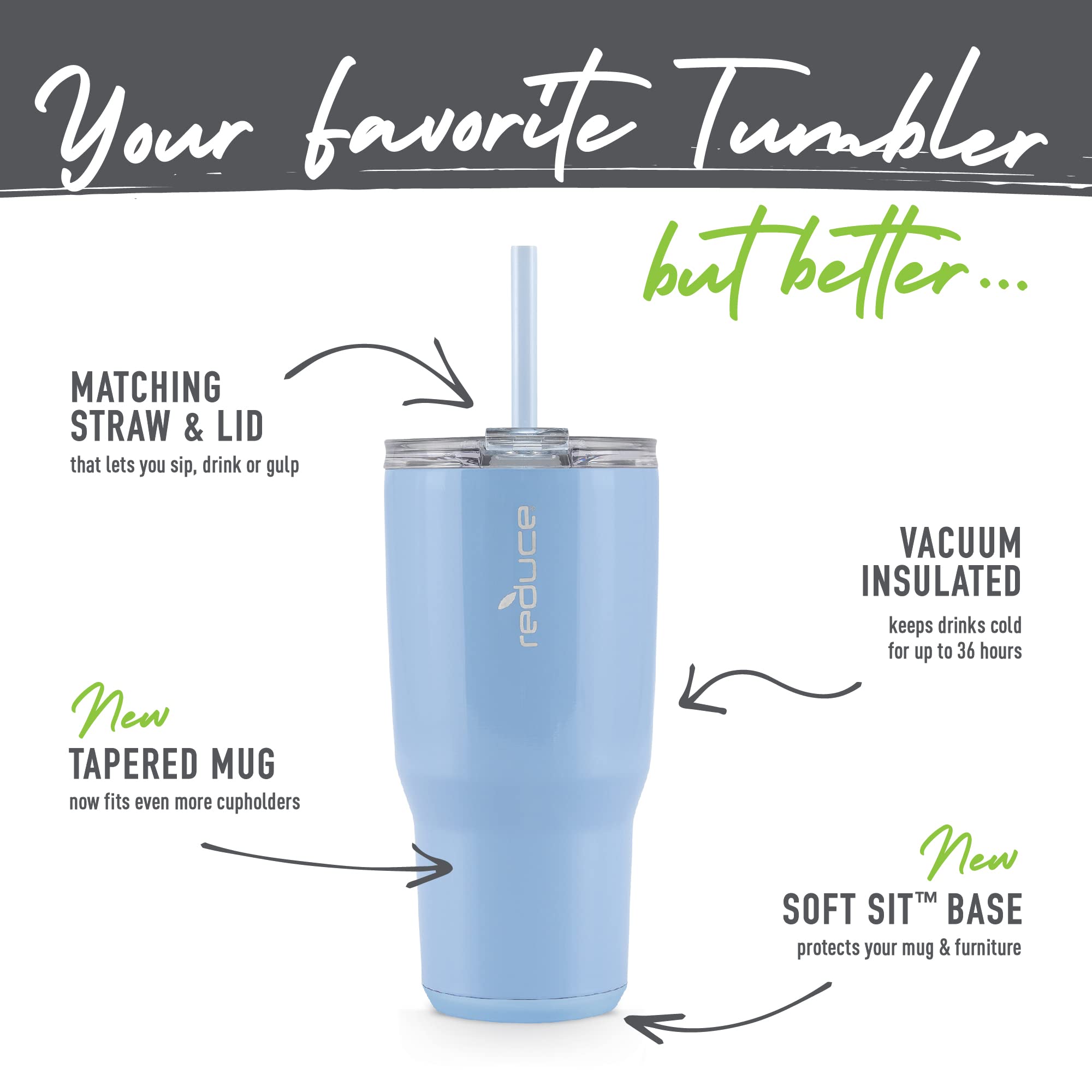 REDUCE Cold1 34 oz Tumbler with Lid and Straw- Vacuum Insulated Stainless Steel Water Bottle for Home, Office or Car; Reusable Cup with Leakproof Flip Lid, Keeps Drinks Ice Cold All Day- Matte Phantom