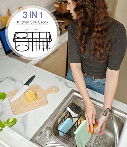 VIS'V 3 in 1 Sink Caddy Sponge Holder, 304 Stainless Steel Adhesive Kitchen Sink Basket Sponge Holder Brush Holder Dishcloth Hanger Kitchen Sink Accessories Organizer Rack with 2 Suction Cups - Black