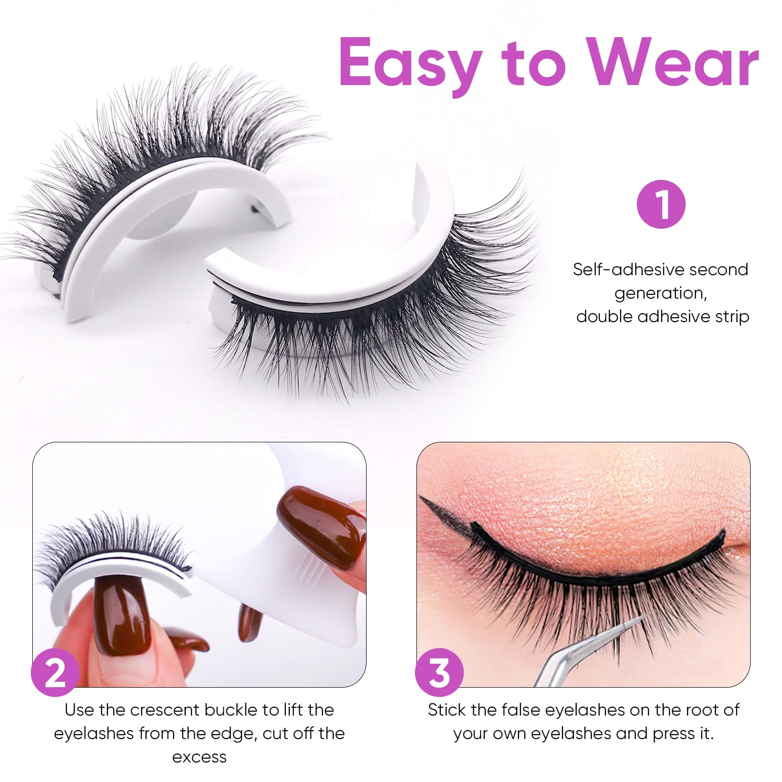 Parrots Treasure Self Adhesive Eyelashes, Reusable False Eyelashes without Eyeliner or Glue, Non-Slip Waterproof Fake Eyelashes Natural Look (Purple)