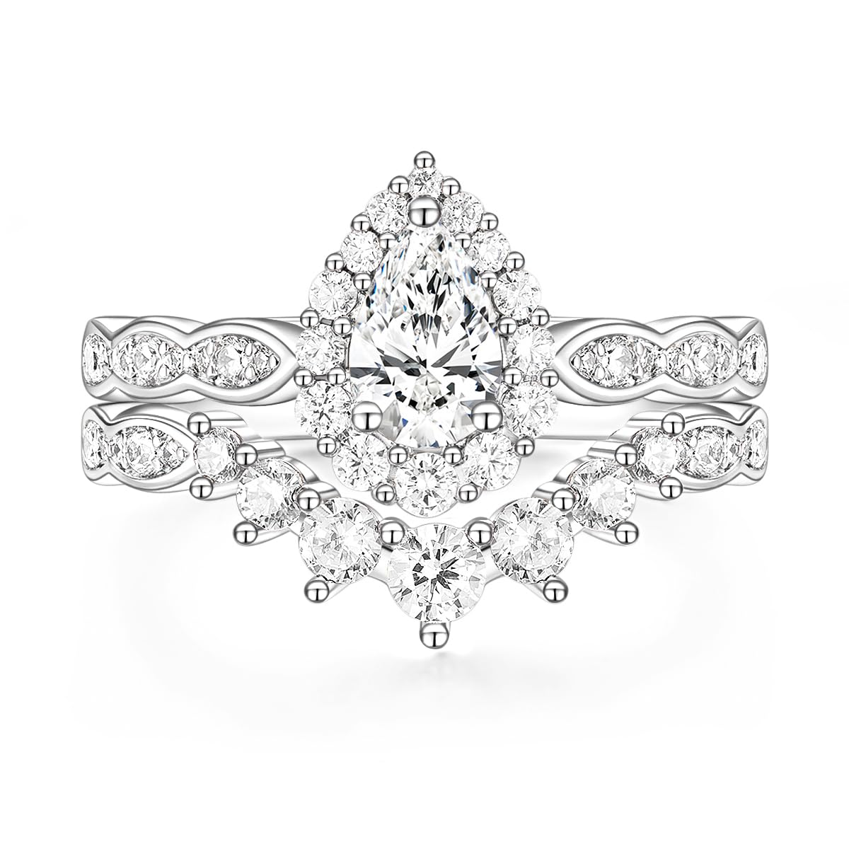 TIGRADE 1CT Bridal Ring Sets Teardrop Wedding Band Vintage Pear Cubic Zirconia Engagement Ring Halo CZ Promise Ring Gift for Women Size 3-12.5, Silver, Size 7