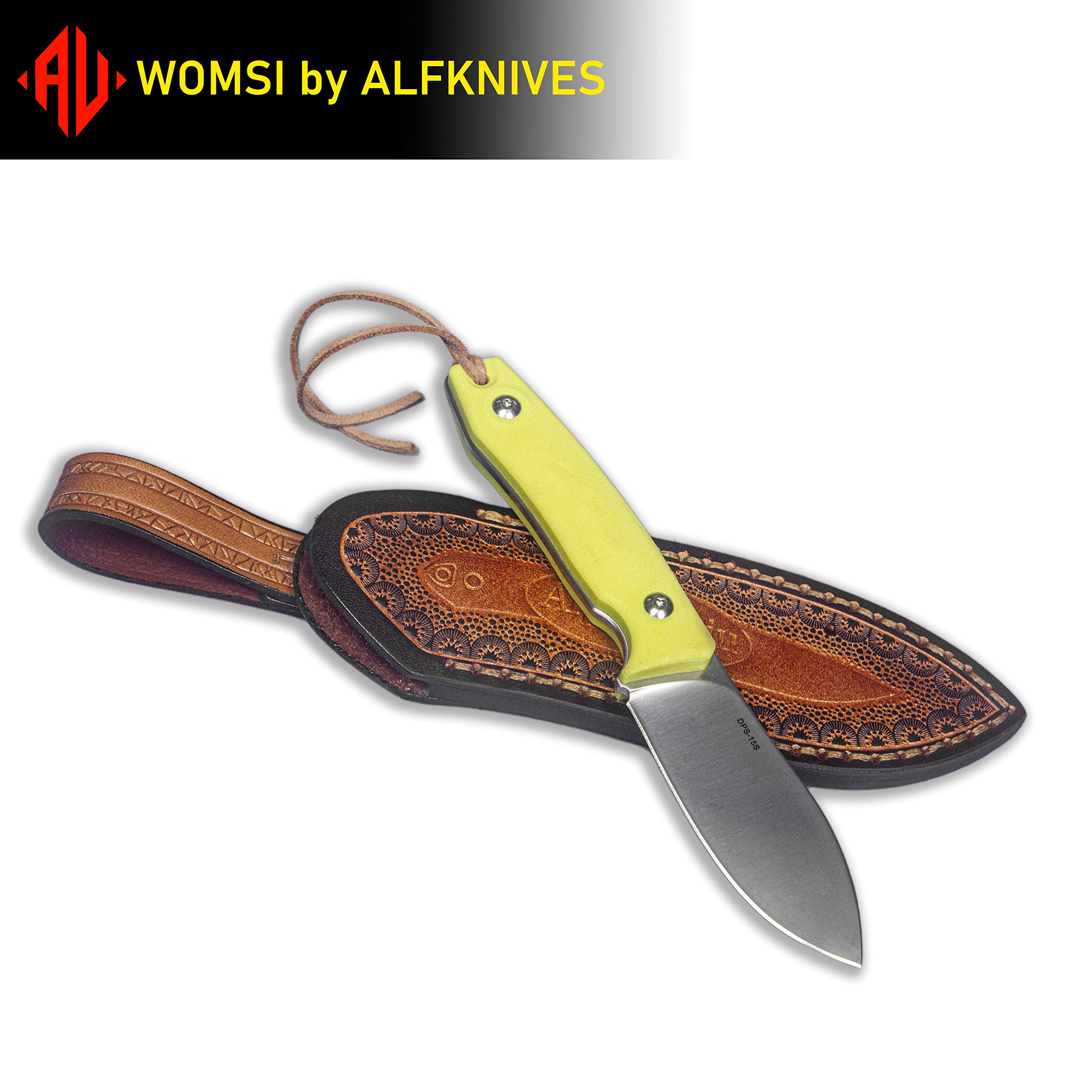 WOMSI Hunting Knife,Full Tang 6.57",DPS15-S Power Steel Blade,Sonorous&durable G10 Handle with Leather Sheath(Yellow)
