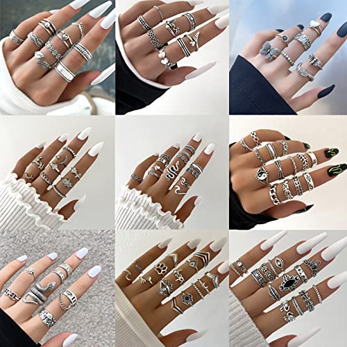 Silver Knuckle Rings Set Chunky Rings Aesthetic Snake Grunge Stackable Gothic Ring Adjustable Y2k Punk Bulky Boho Finger Alt Of Rings, Stacking Heart Star Flower Midi Ring Pack For Women Men, Chunky Rings Aesthetic Snake Grunge Stackable Gothic Ring Adjus