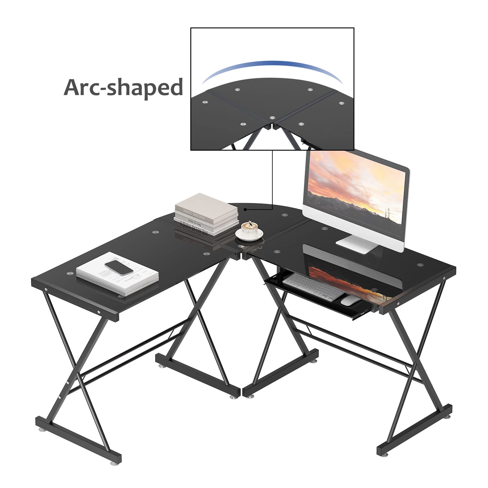 Need 51inches Tempered Glass L-Shaped Desk, Computer Desk with Smooth Keyboard Tray Home Office Corner Desk Black,UT-845-ND