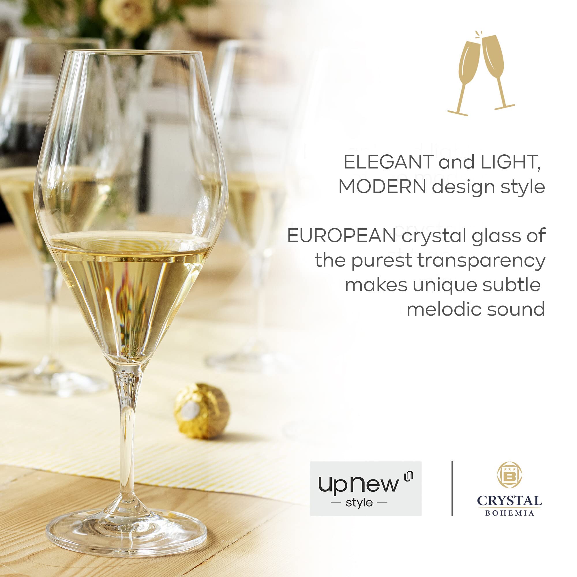 White Wine Glasses Set of 6, 16 oz, Modern Elegant, True Czech Lead-free Durable Crystal Wine Glass