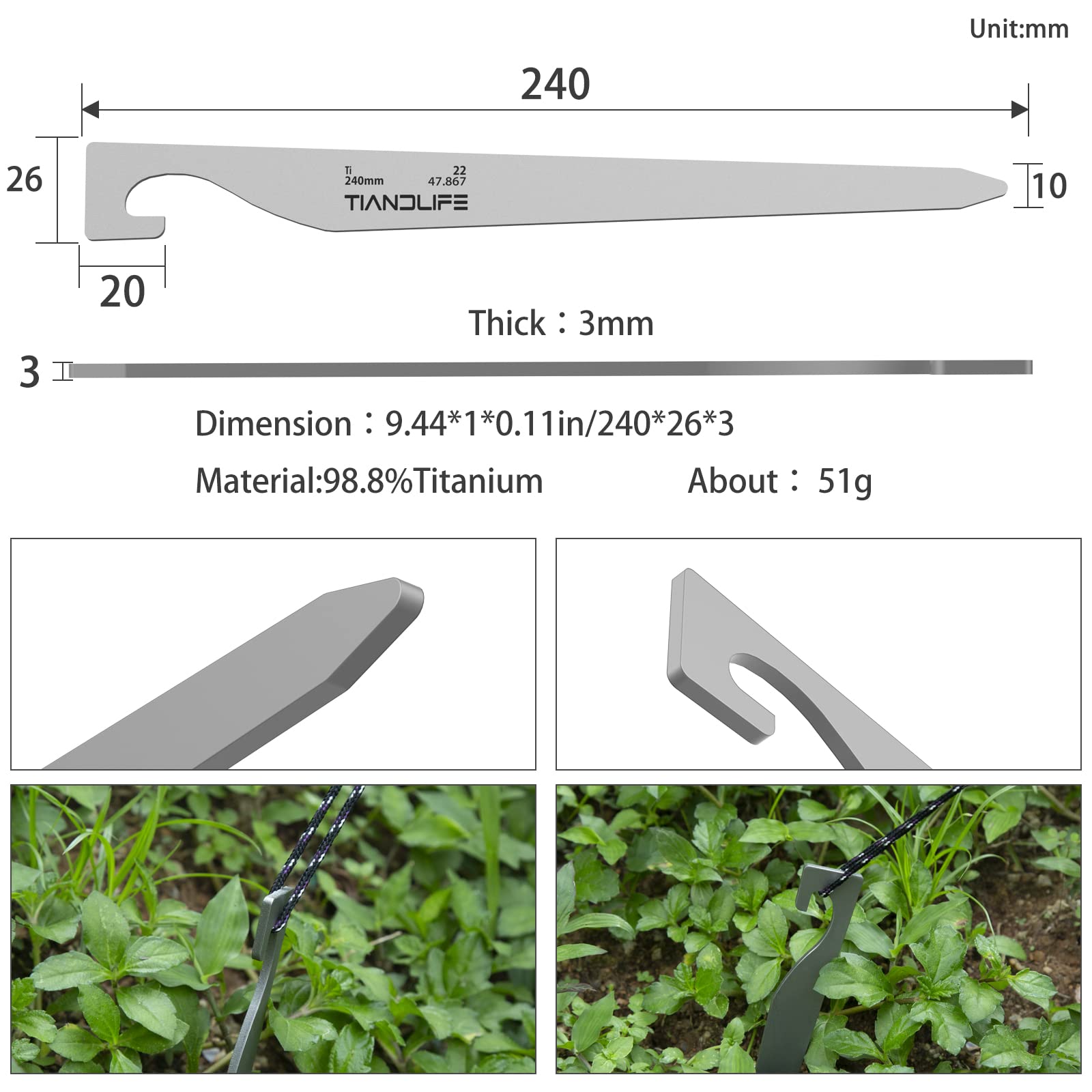 TIANDLIFE Tent Stakes - Titanium Tent Pegs - 9.4in/24cm Heavy Duty Camping Stakes, Windproof Rustproof, Not Easy to Bend,Essential Tent Accessories for Camping, Rain Tarps, Hiking, Backpacking.