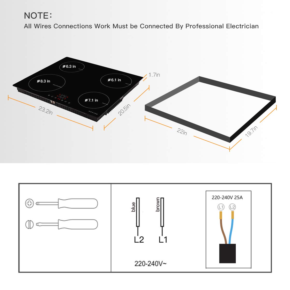 NOXTON Induction Cooktop, Electric Boost Stove Built-in 4 Burners Induction Cooker Black Glass with Touch Control, Child Lock, Timer, Hard Wired, Easy Cleaning Induction Cooker, 6400W, 220V~240V