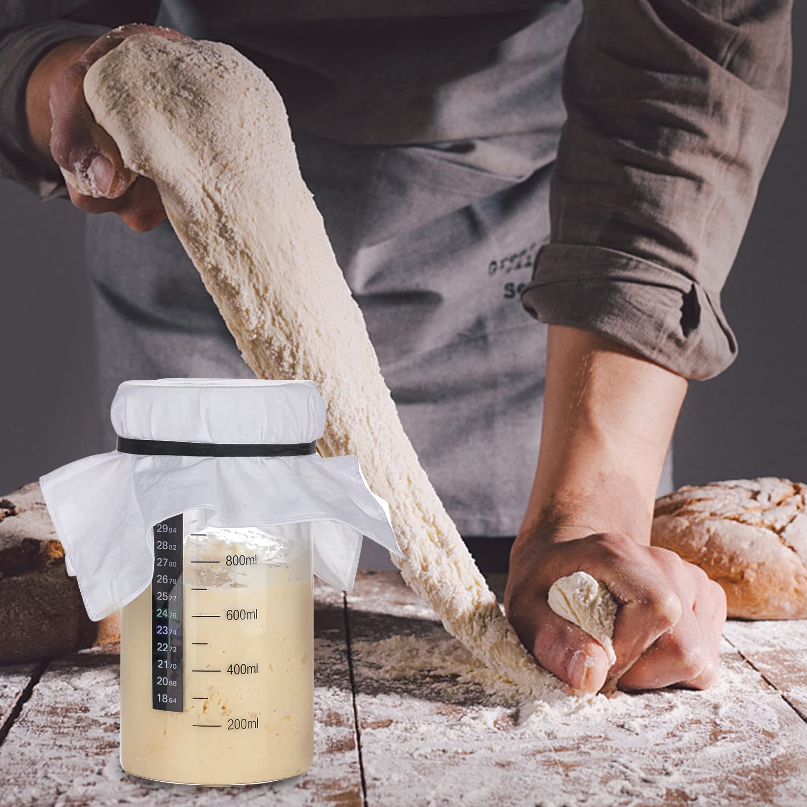 MFANBLAS Sourdough Starter Jar, 40oz Wide Mouth Sour Dough Starter Container with Thermometer, Scraper, Bamboo Lid & Cloth Lid, Sourdough Starter Kit as Sourdough Bread Baking Supplies