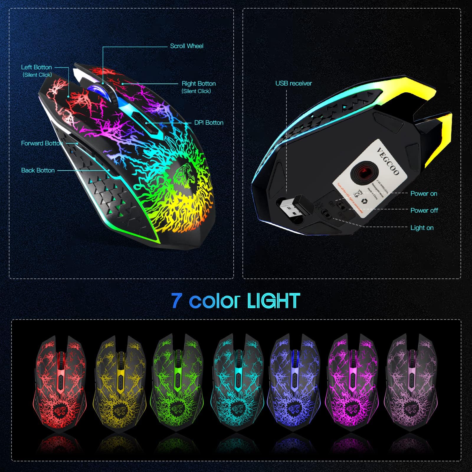 Scettar Wireless Gaming Mouse, Rechargeable Wireless Computer Gaming Mouse with Colorful LED Lights, Silent Click, Power Saving Mode, 3 Level DPI Computer Wireless Mouse for Gamer PC