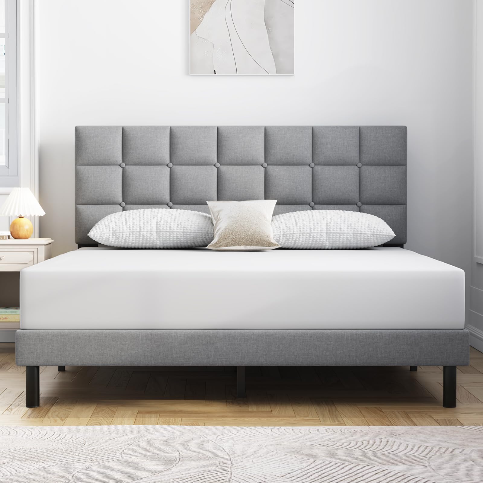 Molblly Full Bed Frame Upholstered Platform with Headboard and Strong Wooden Slats, Non-Slip and Noiseless,No Box Spring Needed, Easy Assembly,Light Gray