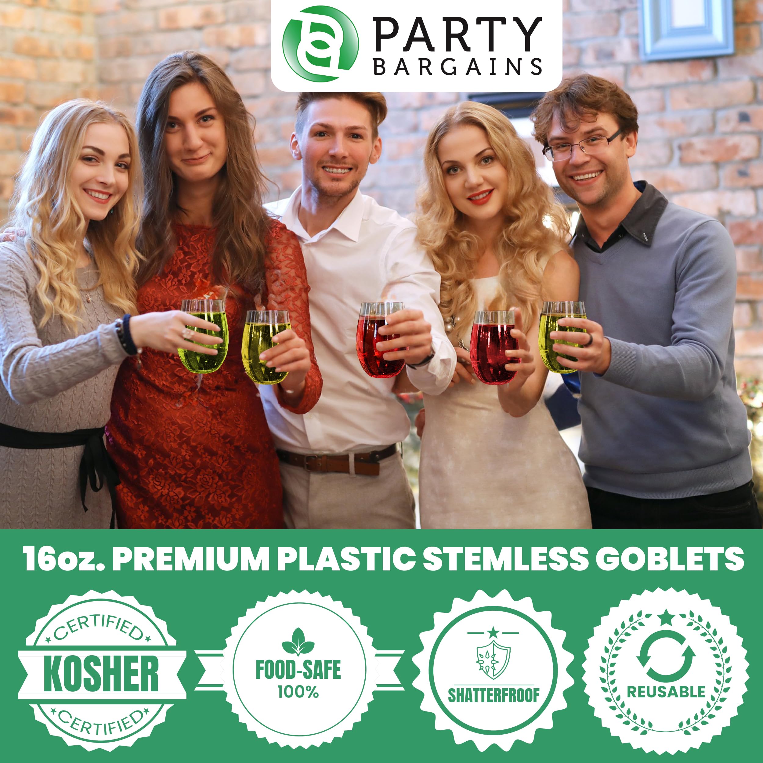 PARTY BARGAINS Stemless Goblet, 16 oz, Clear, 6 Pack, Heavy Duty Plastic Wine Glasses, Decorative Drinking Cups for Weddings, Baby Showers, Barware, Drinkware