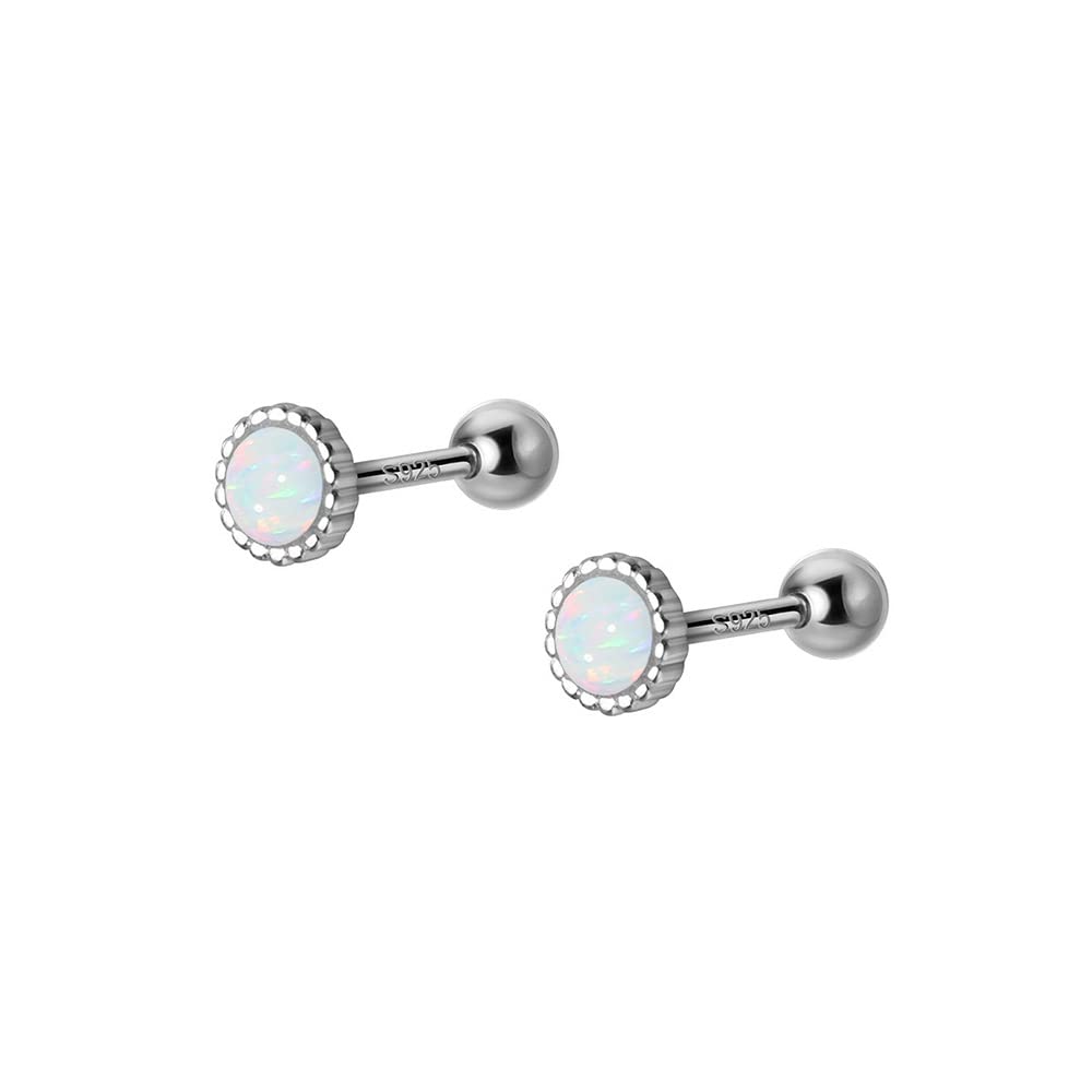 S925 Sterling Silver 18G Opal Round Cartilage Stud Earrings Minimalist Helix Tragus Piercing Studs Daith Conch Earring Barbell Post, White Opal