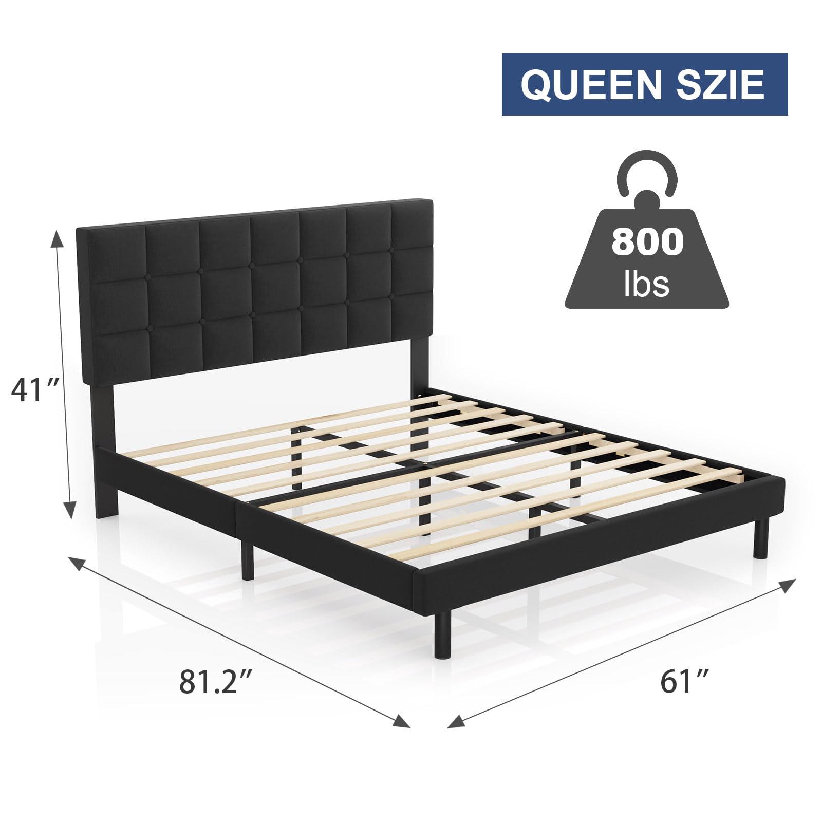 Molblly Queen Bed Frame Upholstered Platform with Headboard and Strong Wooden Slats,Non-Slip and Noiseless,No Box Spring Needed, Easy Assembly,Black