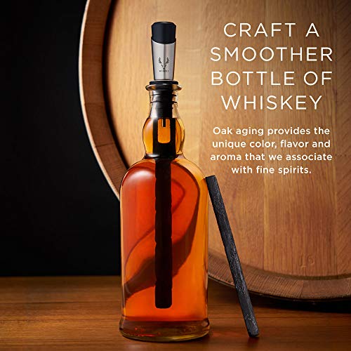 Viski Alchemi Liquor Aging Kit 2 Charred American Oak Wood Sticks with Stopper Pourer, Stainless Steel, Silicon, Black, 1x7.85x3