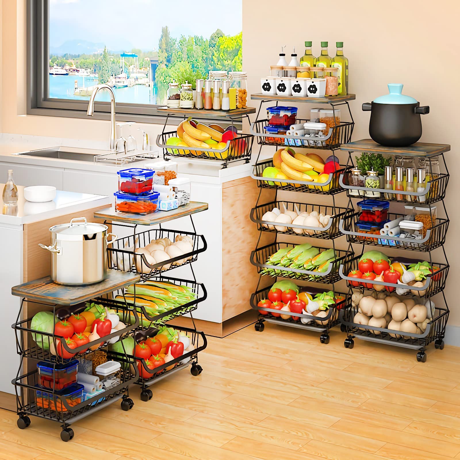 MURRI&MURRDI Kitchen Storage Cart with Top, 5 Tier Rolling Cart with Wheels Rolling Rack Storage Cart for Pantry, Can be Used as Kitchen Cart Fruit Basket Stand for Kitchen (Black, 5 Layer)