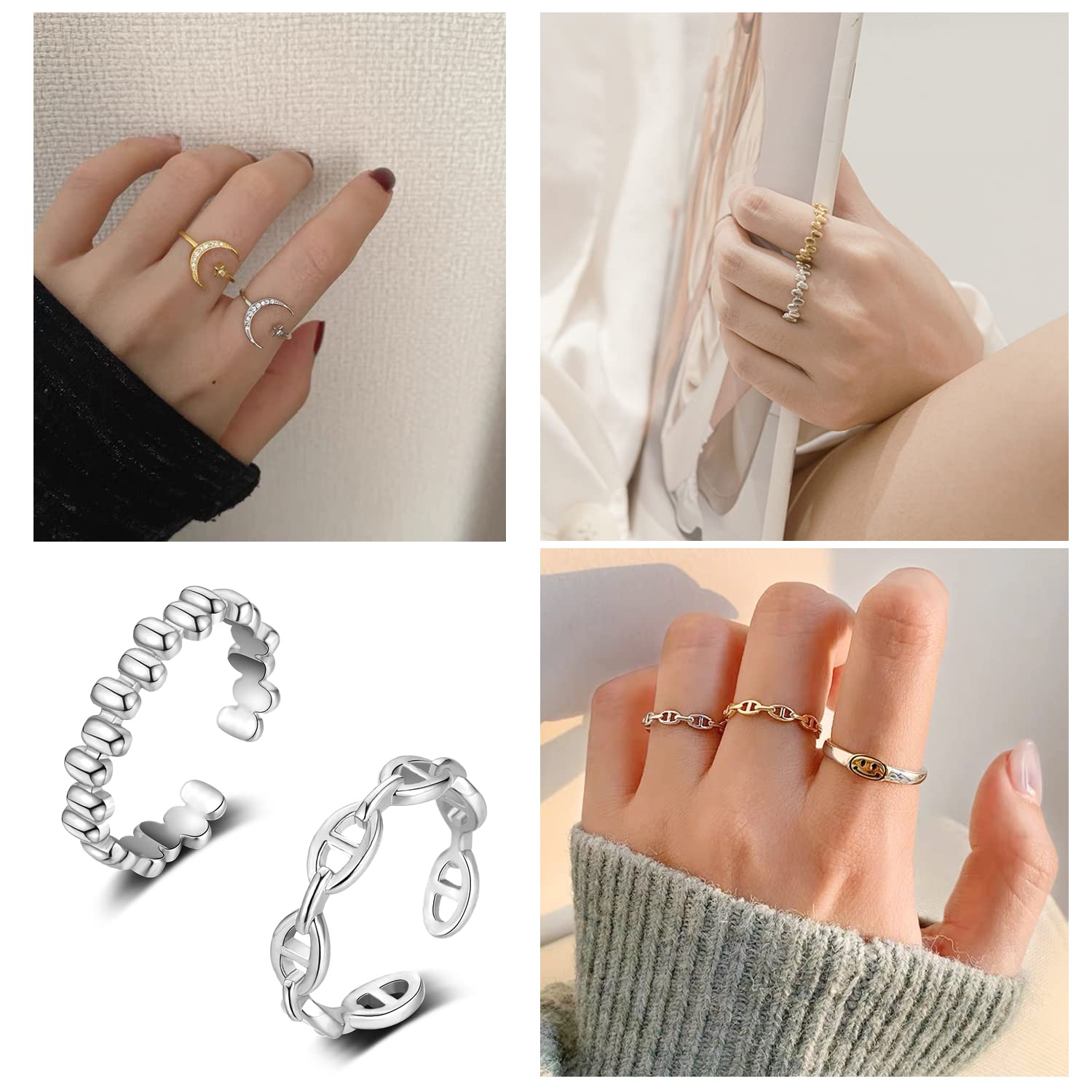 TOBENY 16PCS Adjustable Rings for Women 14K Silver Gold Plated Knuckle Stackable Rings Butterfly Arrow Knot Wave Rings Thumb Midi Finger Rings
