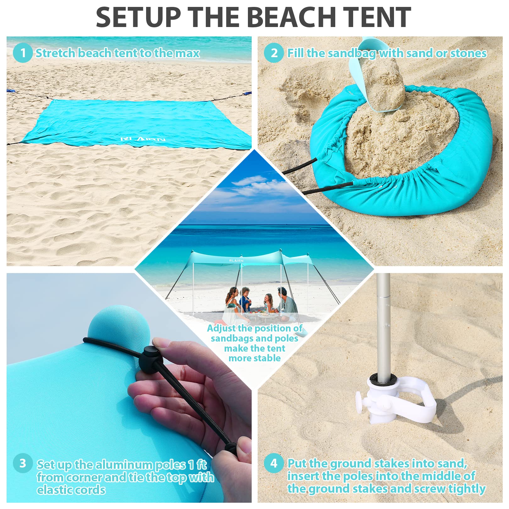 RLAIRN Beach Canopy Tent Sun Shade, RLAIRN Portable Beach Sun Shelter UV Protection Beach Shade Easy Setup with Poles for Beach, Camping, Backyard, Picnics (Turquoise)