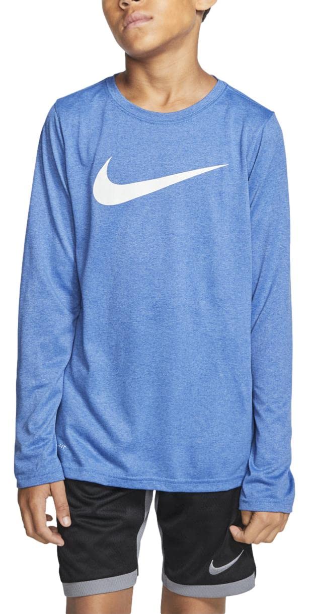 Nike Kids Boy's Dry Legend Long Sleeve Training T-Shirt (Big Kids) (as1, Alpha, l, Regular, Light Game Royal Heather/White, Large)