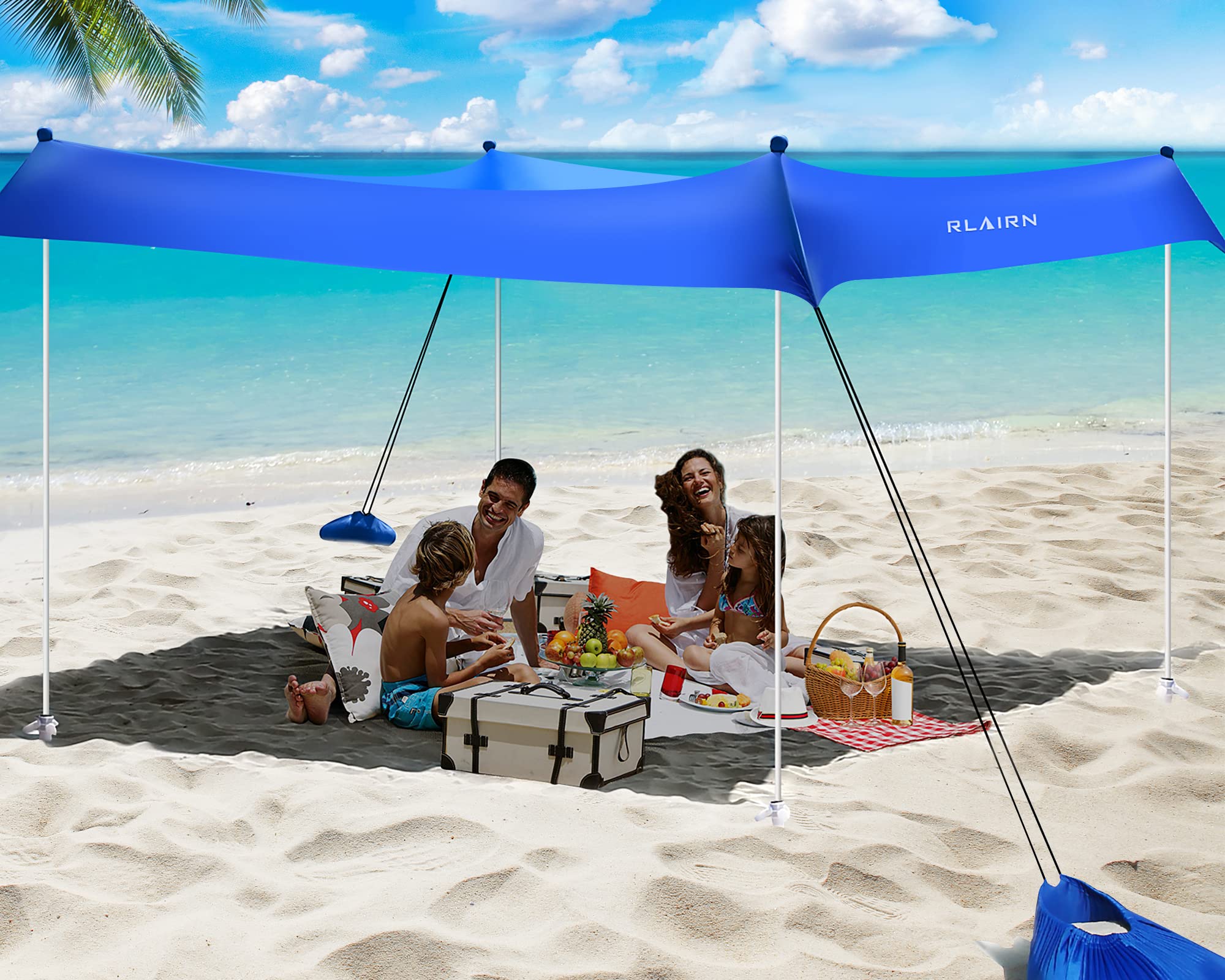 RLAIRN Beach Canopy Tent Sun Shade, Portable Beach Sun Shelter UV Protection Beach Shade Easy Setup with Poles for Beach, Camping, Backyard, Picnics (Blue 7×7 Ft with Rope) (Deep Blue 10×10 FT)
