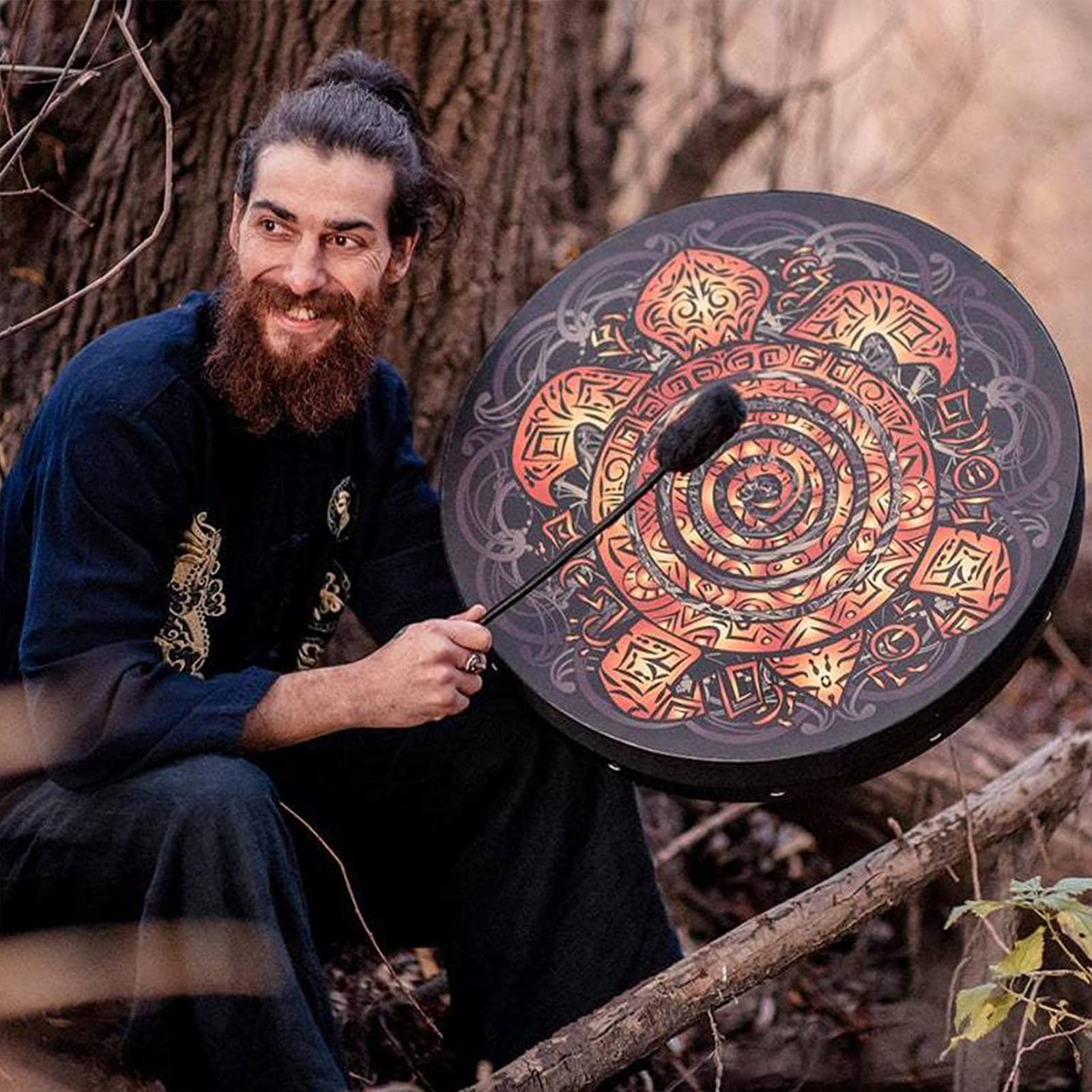 Takefuns Shaman Drum, Tree of Life Decoration Design, Handmade Shamanic Drum with Drum Sticks for Music Lovers