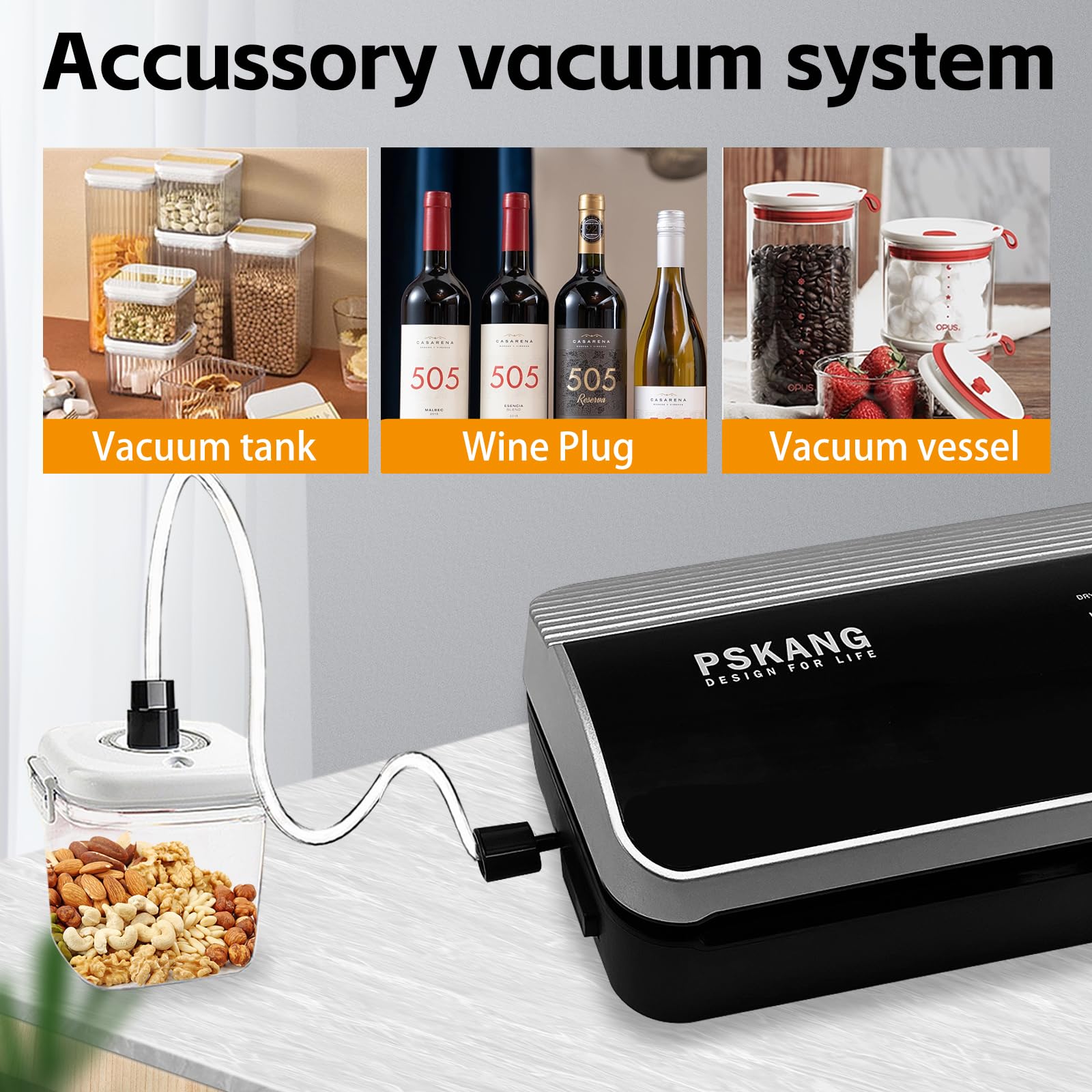 Pskang Vacuum Sealer Machine One-Touch Vacuum Sealer with Bags Rolls Storage and Cutter Automatic Air Sealing System with Vacuum Seal Bags and 1 Roll (11"x16'))