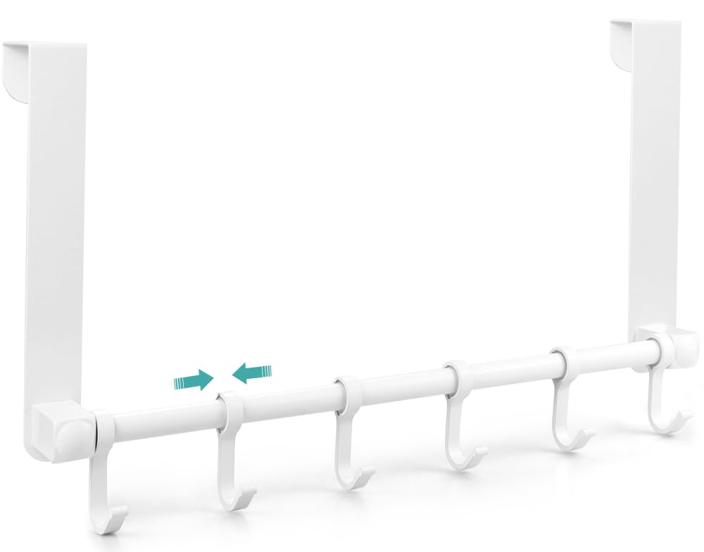 MGahyi Over The Door Hooks Hanger, Moving 6-Hooks,Over Door Towel Rack,Door Coat Hanger, Upgraded Long Arms for Bathroom Accessories (White)