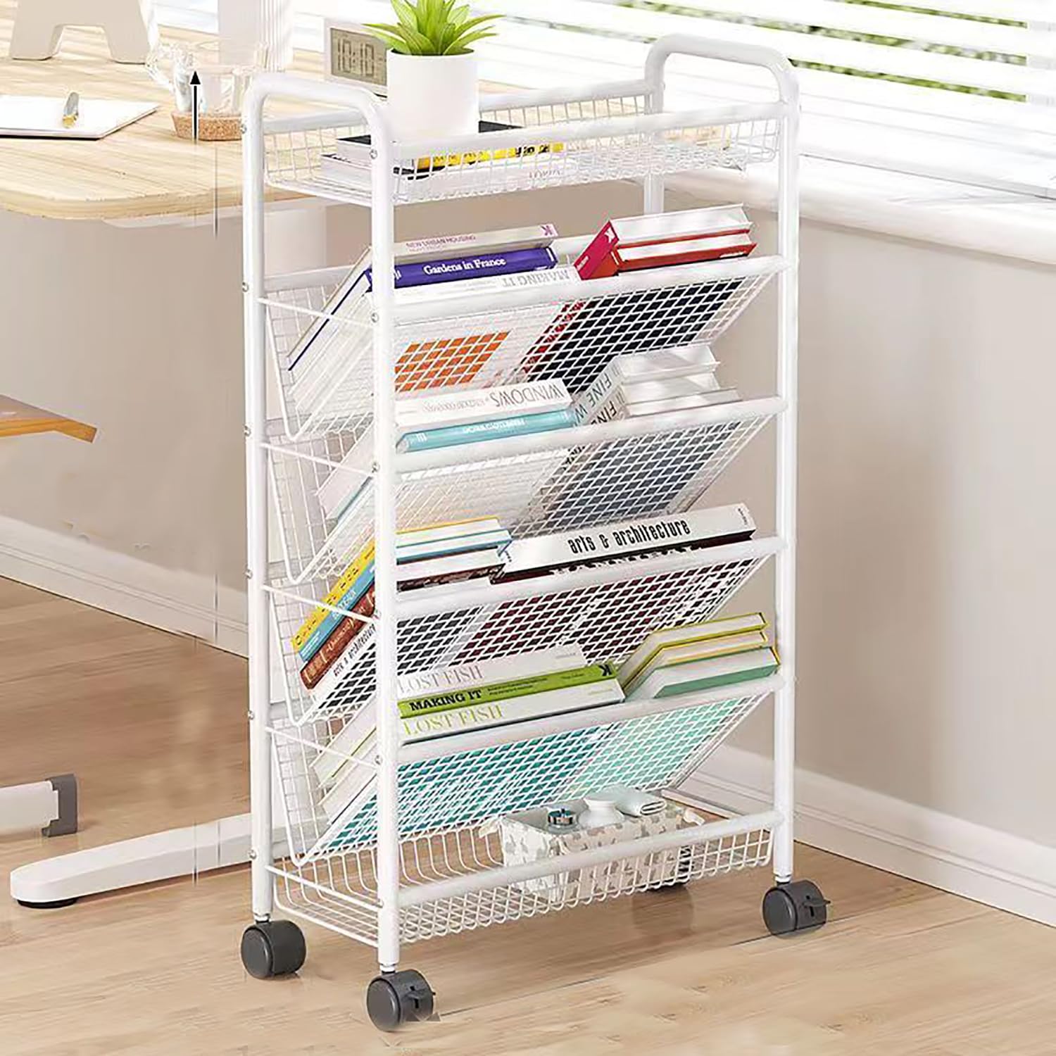MOUNW Compact Rolling Book Cart, 6 Tiers Movable Bookshelf Cart Storage Rack, with 360° Universal Wheel, for Office, Kitchen, Bathroom
