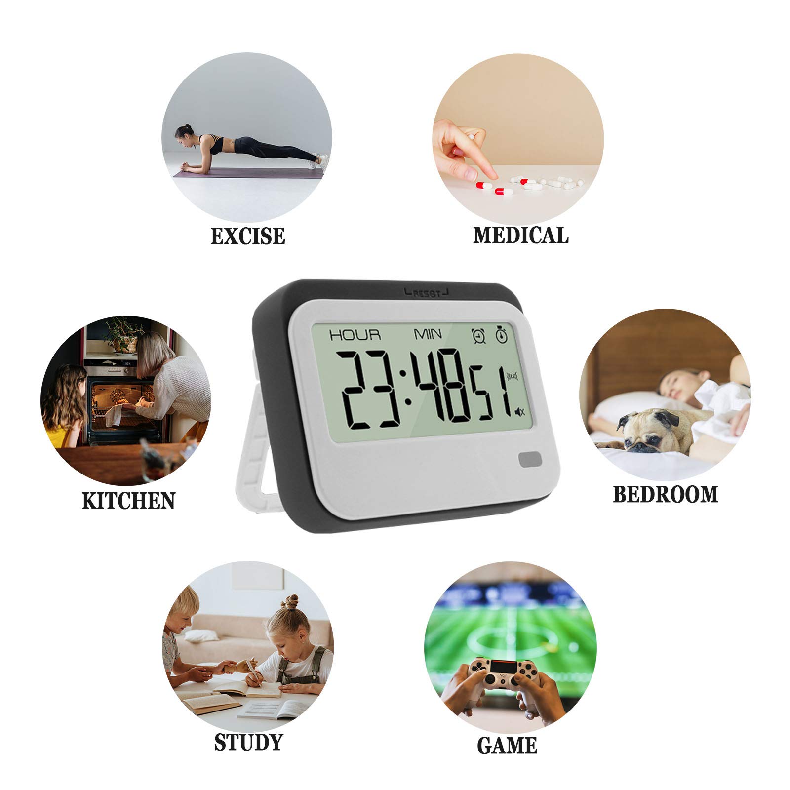 Yovell Digital Kitchen Timer 12/24 Hours Alarm Clock with LED Indicator for Cooking Sports Office Study Magnetic Back and Retractable Stand Big Digits