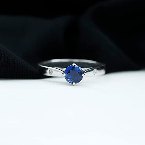 Rosec Jewels Certified Lab Grown Blue Sapphire Promise Ring, AAAA Quality, Sapphire Diamond Solitaire Ring - Ready To Gift, 14K White Gold, Size:US 6.50