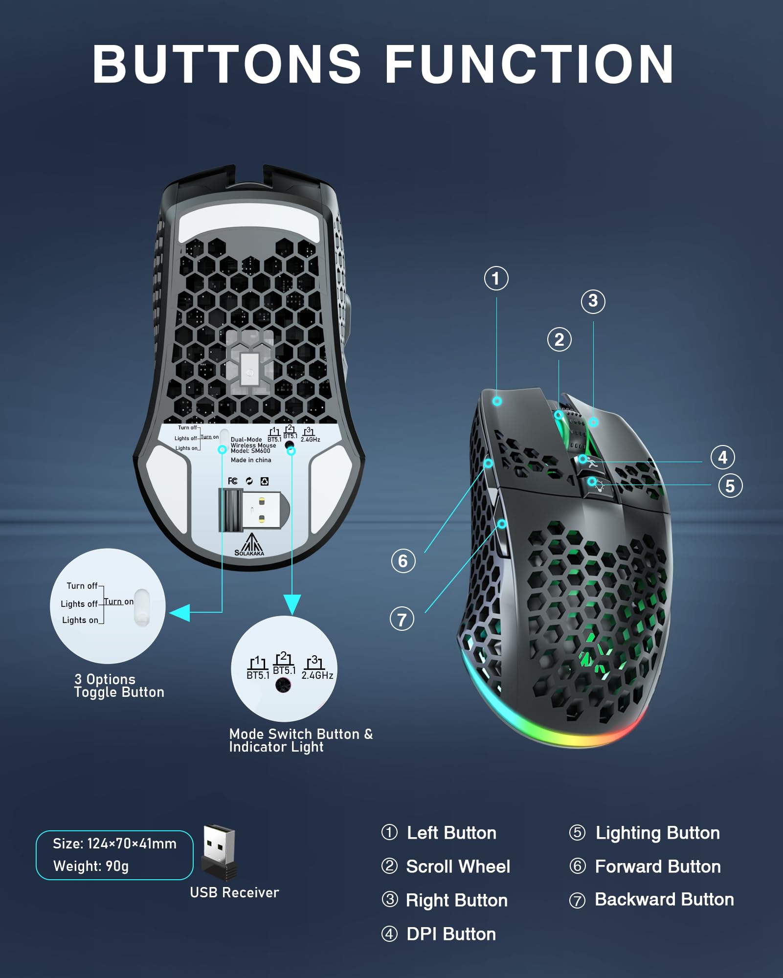 SOLAKAKA Lightweight Wireless Gaming Mouse Bluetooth with Honeycomb Shell, Side Buttons, RGB Lights, (2.4G/BT5.0) Ergonomic Optical Rechargeable Computer Mice for Windows PC/Mac - Black