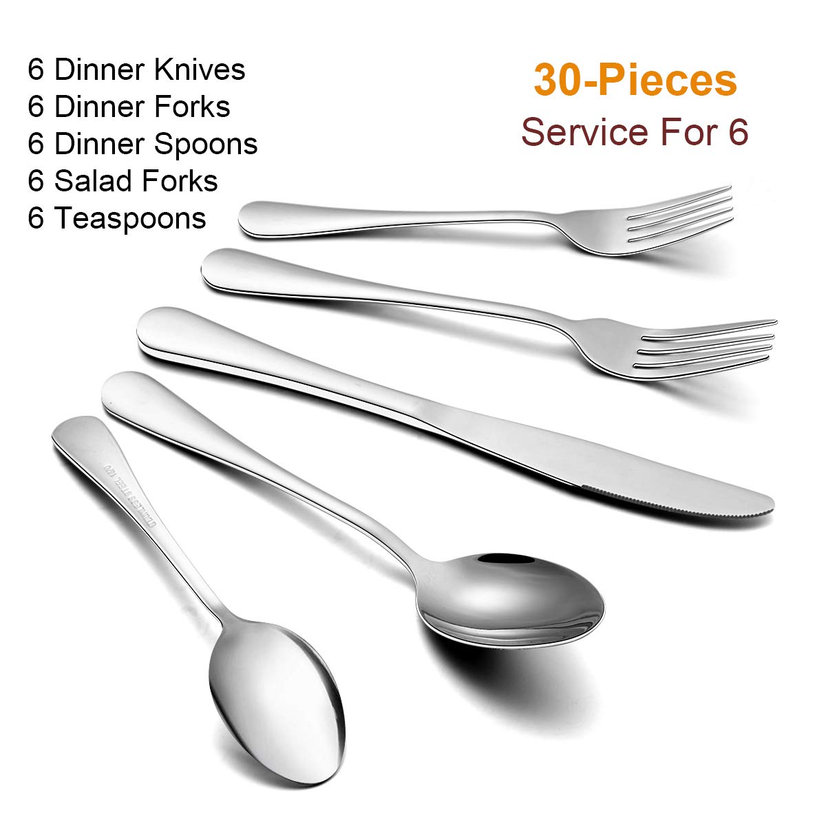 Wildone 30-Piece Silverware Flatware Cutlery Set, Stainless Steel Tableware Utensils Service for 6, Include Dinner Knives/Forks/Spoons, Mirror Polished, Dishwasher Safe