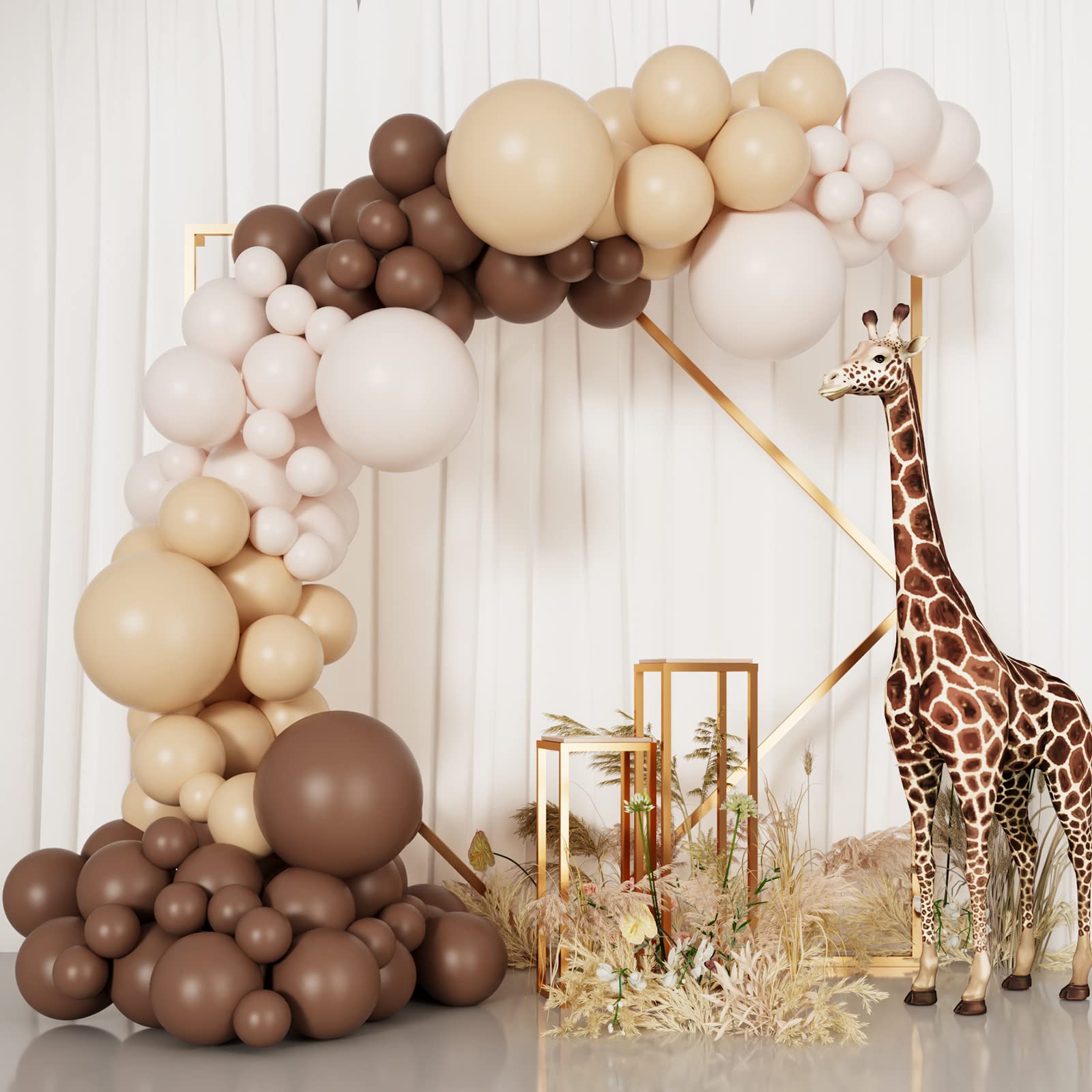 RUBFAC 276pcs Brown Balloons Garland Arch Kit with Double-Stuffed Boho Coffee Brown Beige White Balloon for Teddy Bear Baby Shower Jungle Safari Party Birthday Decorations
