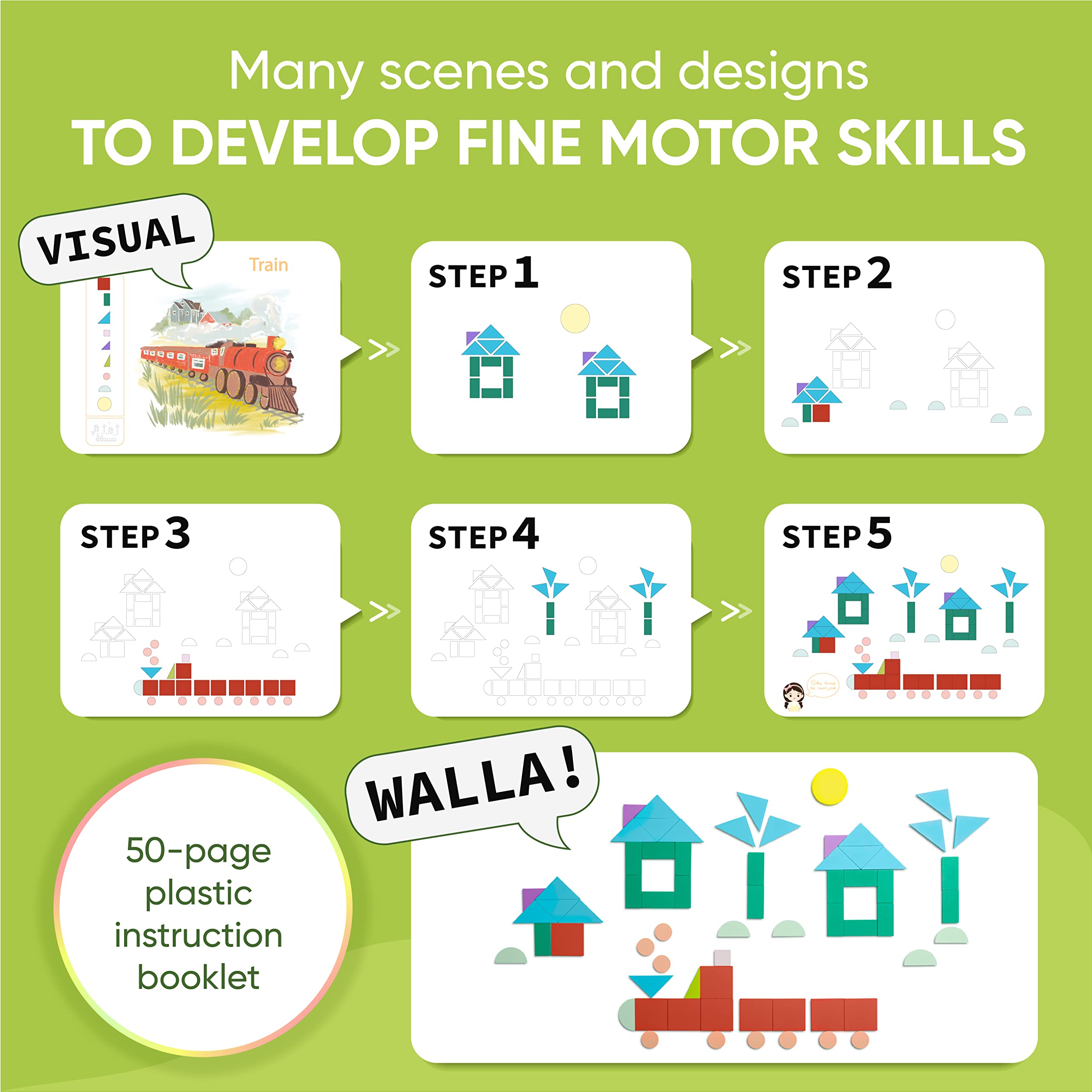 Wooden Pattern Blocks - Build Out Scenes Step by Step with Illustrated Guide Book or Using Imagination -Fun Montessori Toys for 3+ Year Old-Tangram Shapes Puzzle 160 Pieces - Learning & Education Toys