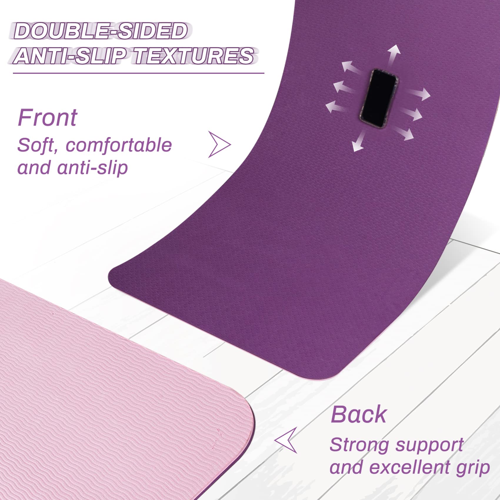 Non-Slip Yoga Mat, Eco Friendly TPE Workout Mat with Strap and Bag, 1/3 Inch Thick, 72”x 24”, Comfortable and Easy to Carry, Purple
