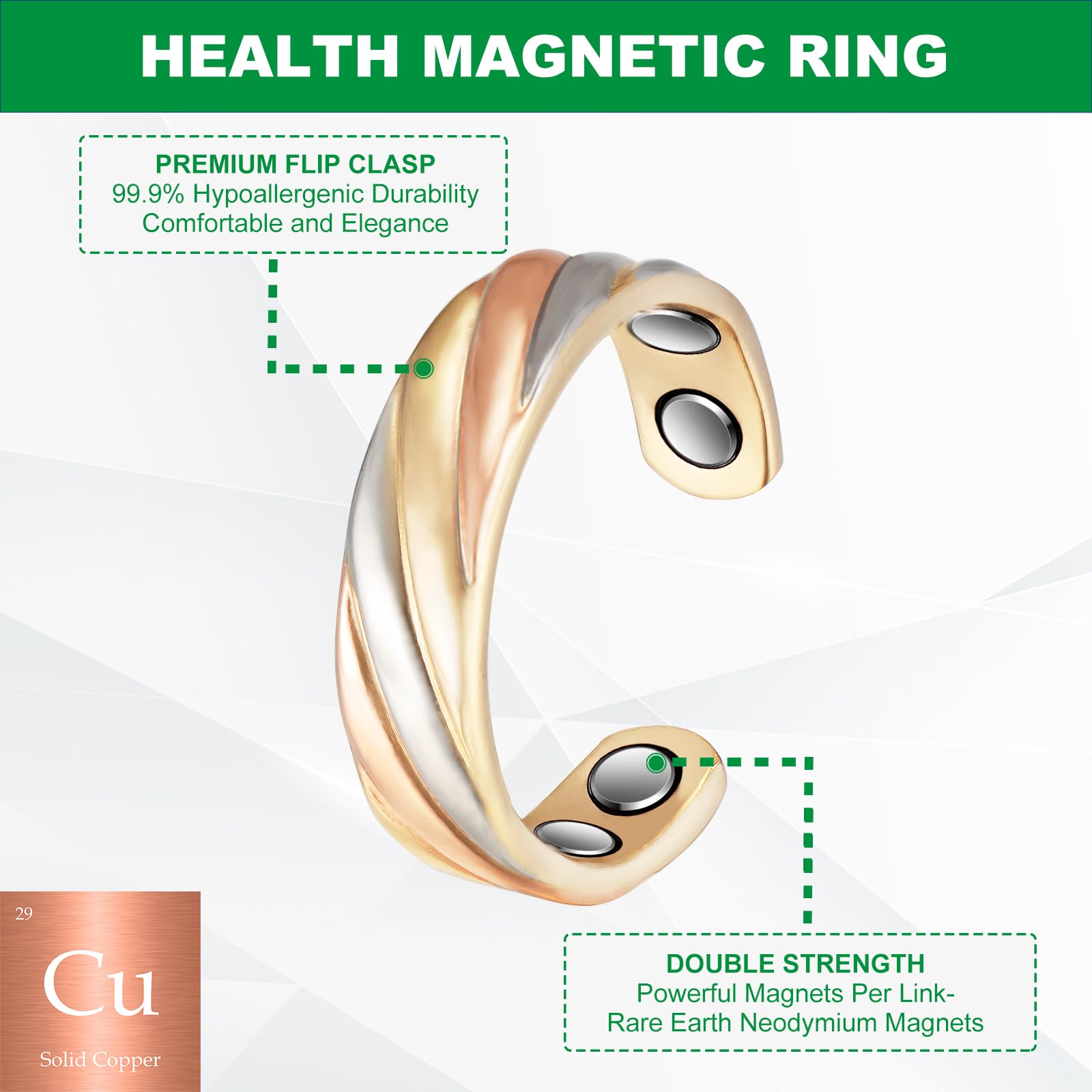 Wollet Tri Tone Copper Magnetic Ring for Women Men with Magnets Copper Ring Adjustable Jewelry