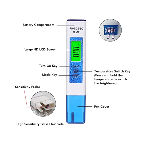 Water Quality Tester, Wide Test Range 4 in 1 TDS Meter Alloy Probe for Aquarium