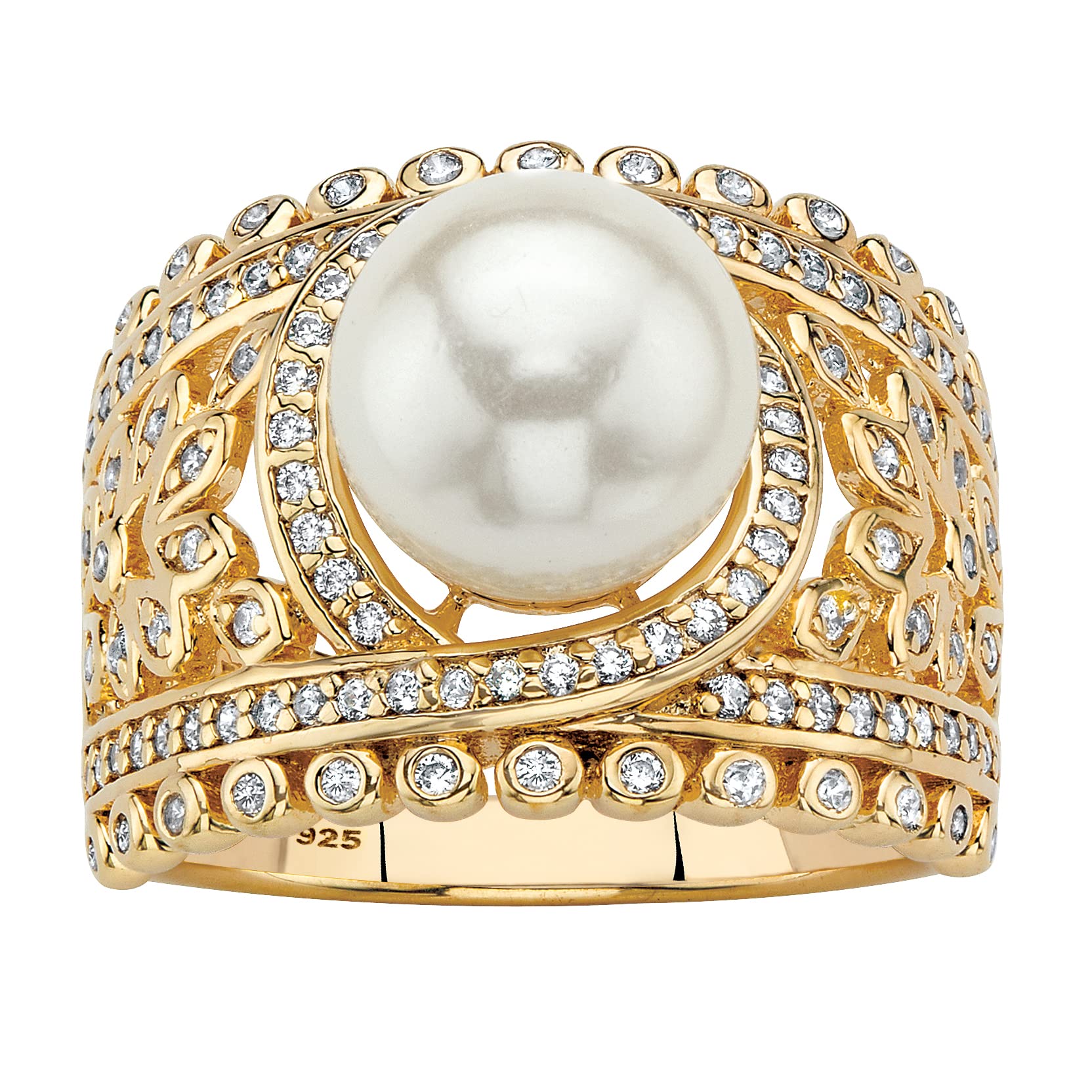 PalmBeach Yellow Gold-Plated or Platinum-Plated Sterling Silver Round Simulated Pearl and Round Cubic Zirconia Floral Ring Size 7