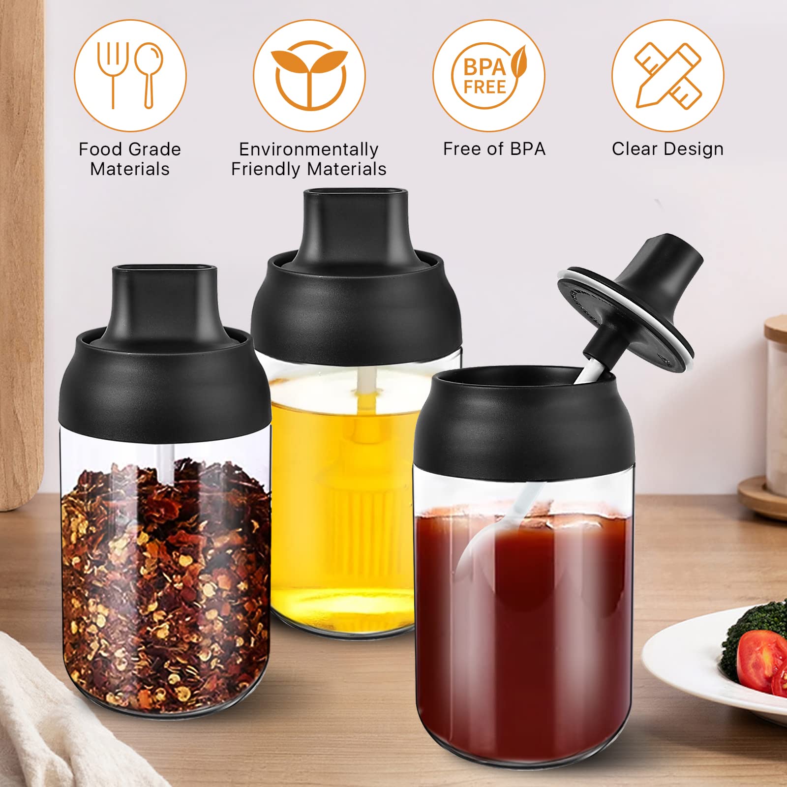 Supkiir 4Pcs Spice Containers Glass, 8 oz Kitchen Spice Glass Bottle, Condiment Jars with Brush and Spoon Transparent Storage Container for Spices Sugar Grains Moisture-Proof Seasoning Jars