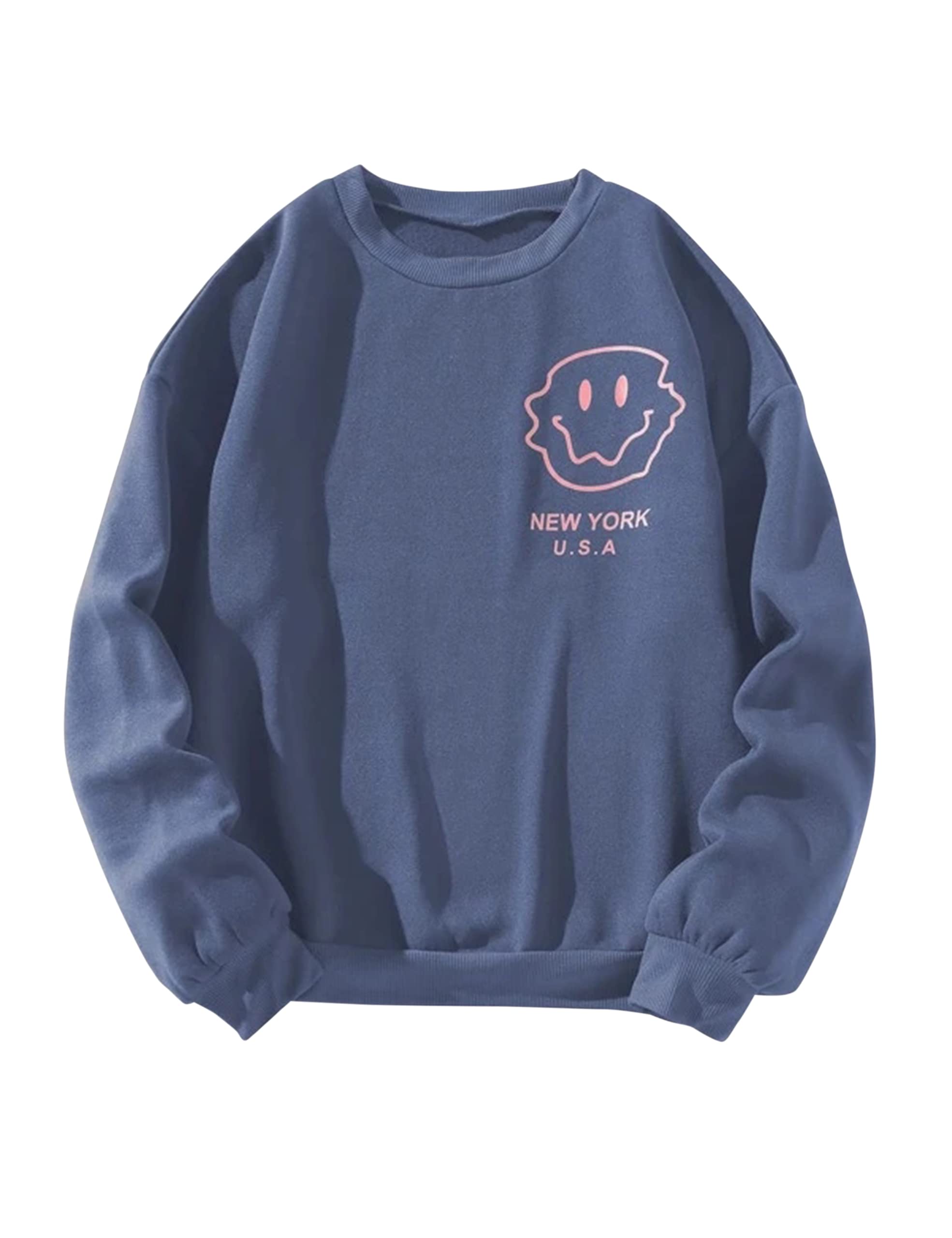 SAFRISIOR Women's Oversized Fleece New York Letter Print Graphic Sweatshirt Long Sleeve Crewneck Pullover Coat, Dusty Blue, Medium