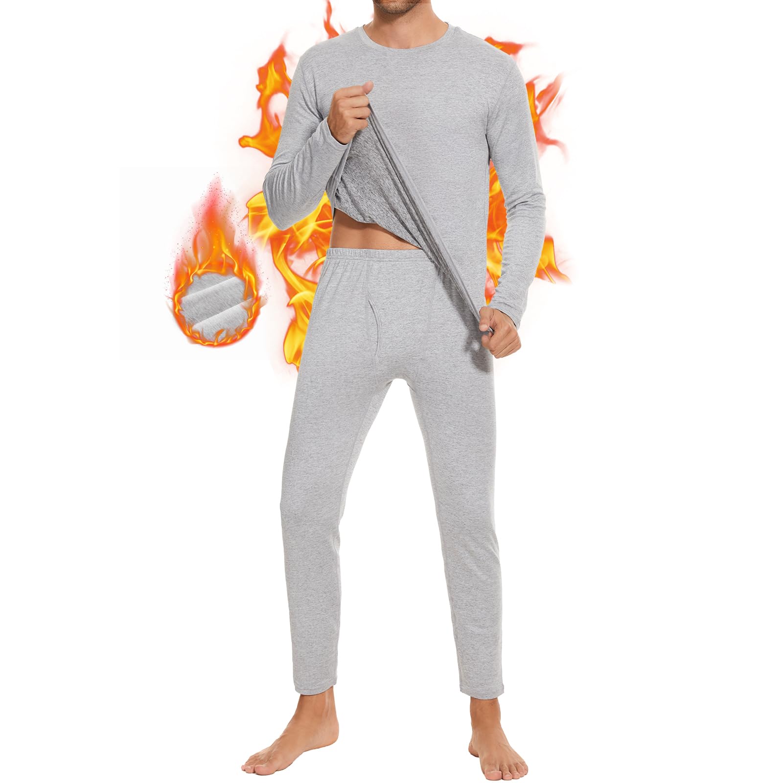 SIMIYA Thermal Underwear Set for Men Long Johns with Fleece Lined Long Sleeve Base Layer Set Top Bottom Light Floral Grey